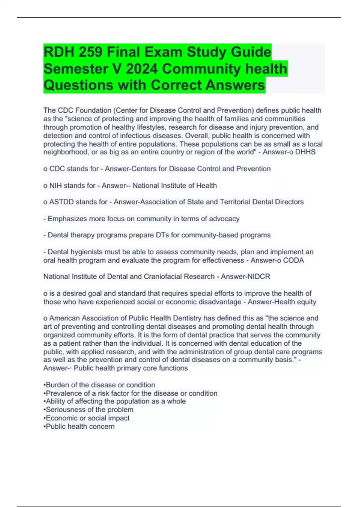 RDH 259 Final Exam Study Guide Semester V 2024 Community health ...