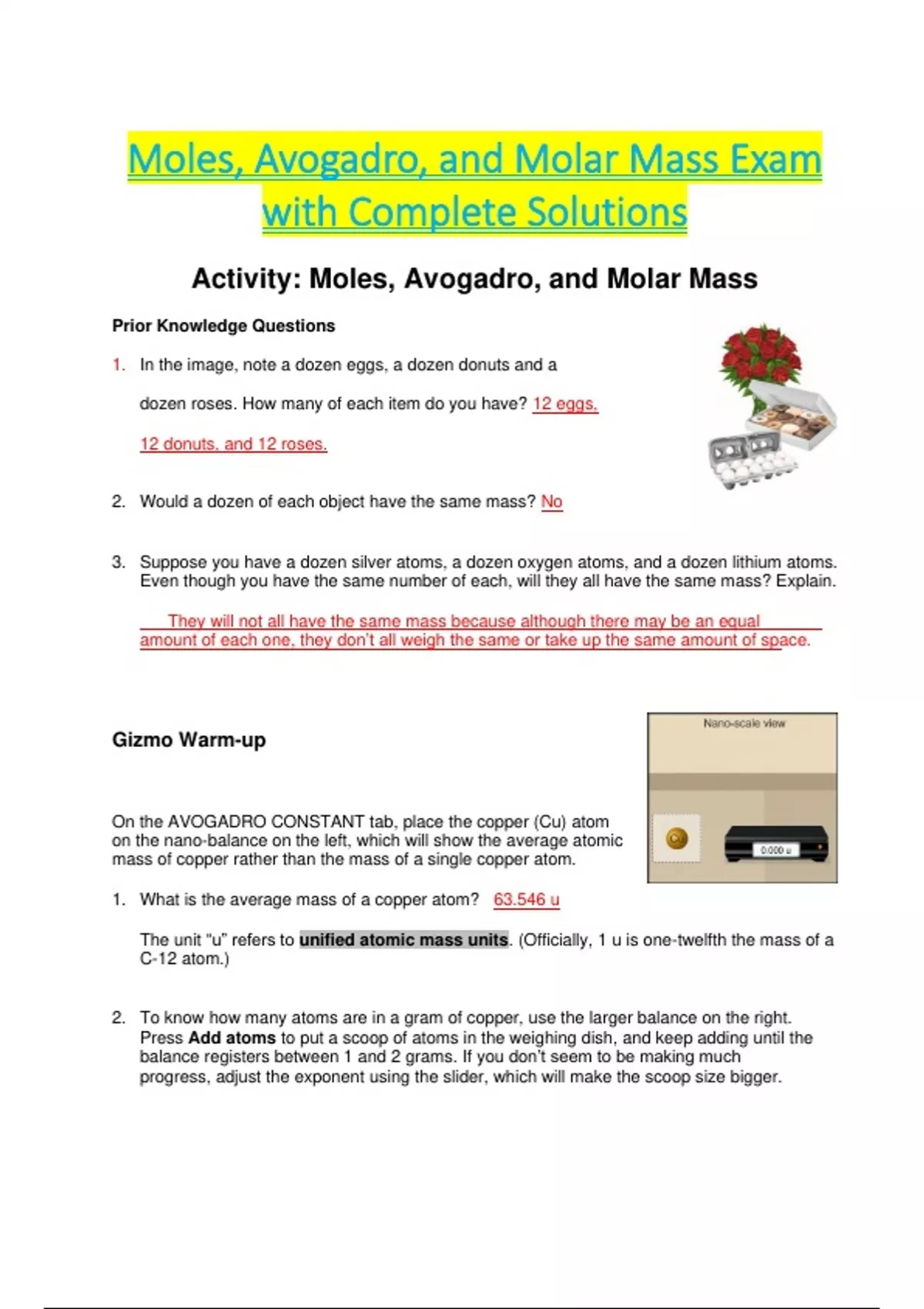 Moles, Avogadro, and Molar Mass Exam with Complete Solutions - Moles, Avogadro, and Molar Mass ...