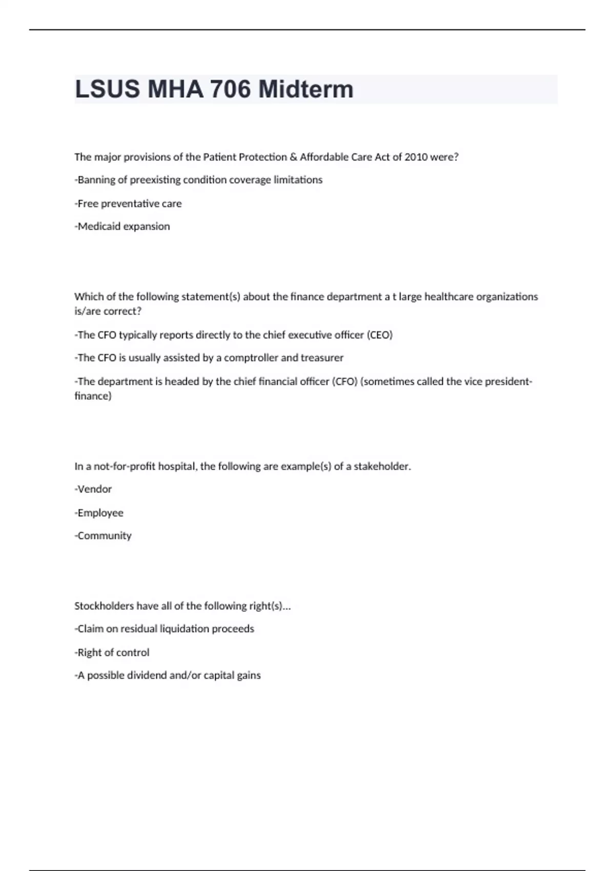 LSUS MHA 706 Midterm questions with answers graded A+ - Mha 706 - Stuvia US