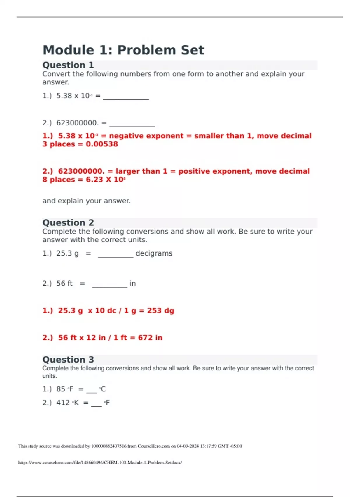 CHEM 103 Module1 Problem Set (Latest Update) Questions and Verified ...