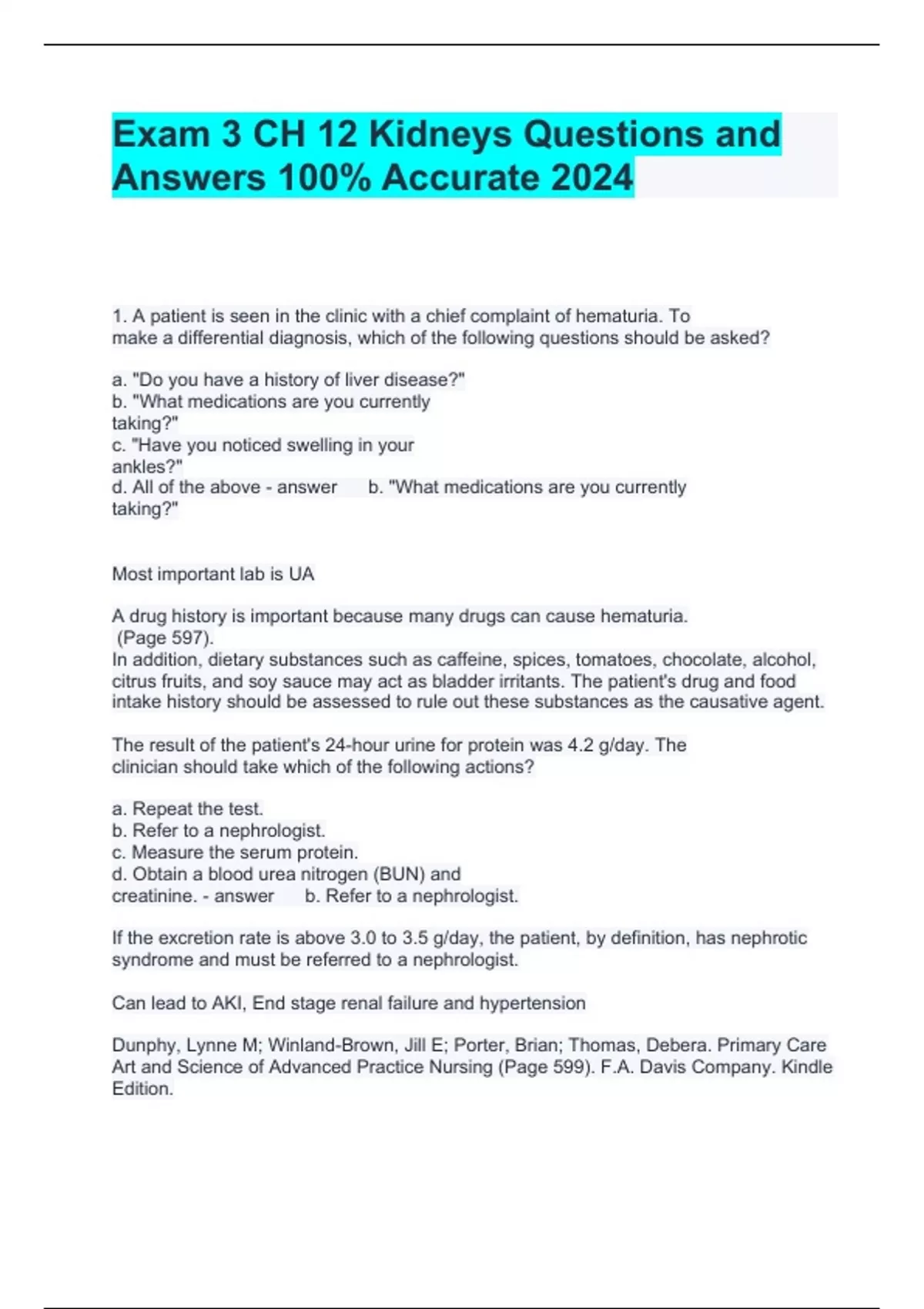 Exam 3 CH 12 Kidneys Questions and Answers 100% Accurate 2024 - Arf ...