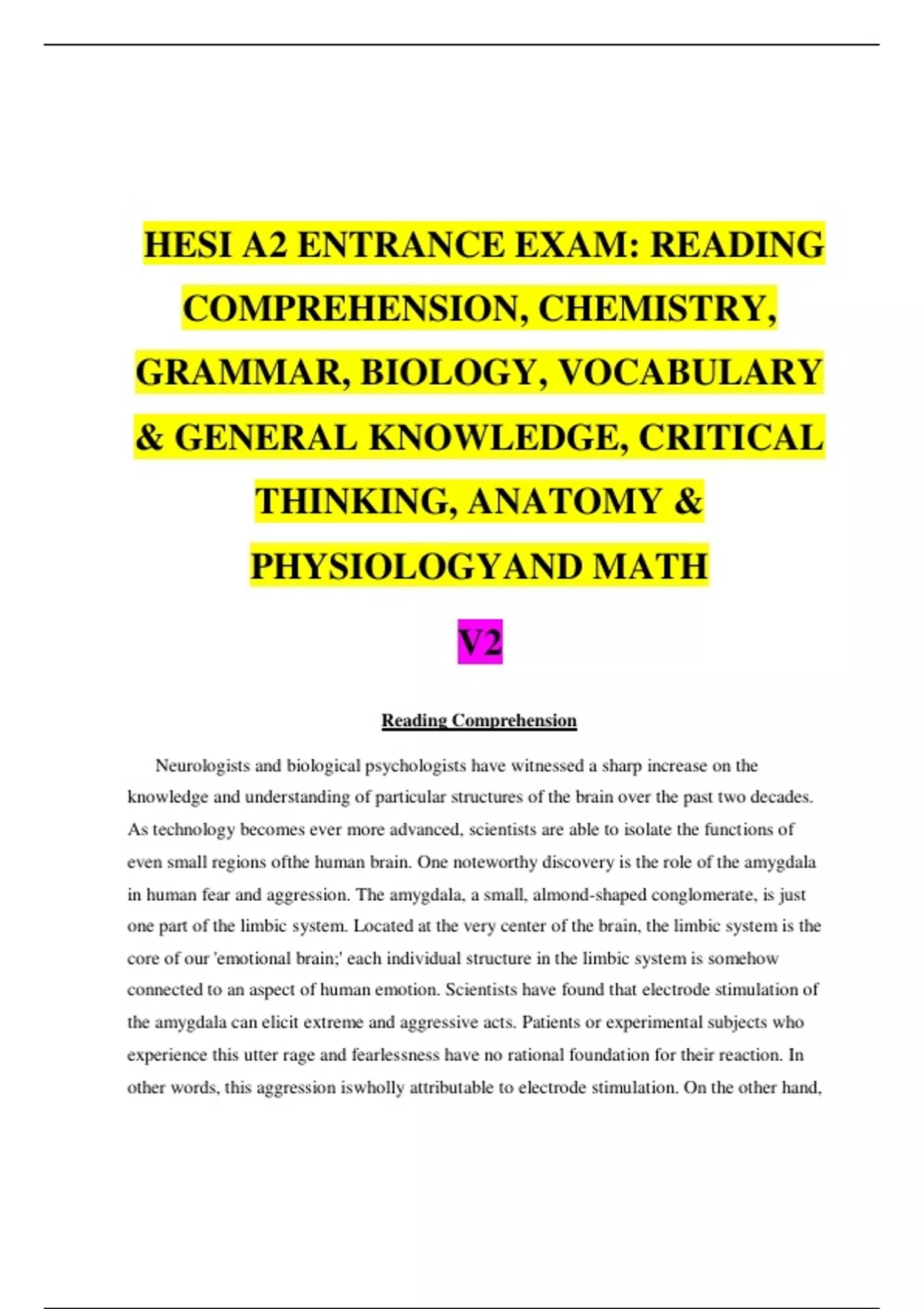 HESI A2 ENTRANCE EXAM;READING,COMPREHENSION,CHEMISTRY,GRAMMAR,BIOLOGY ...