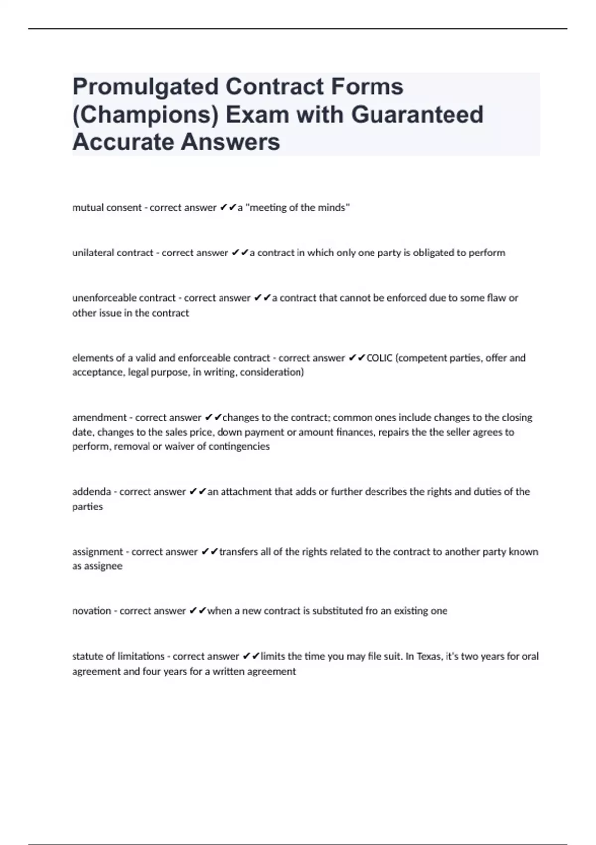 Promulgated Contract Forms (Champions) Exam with Guaranteed Accurate ...