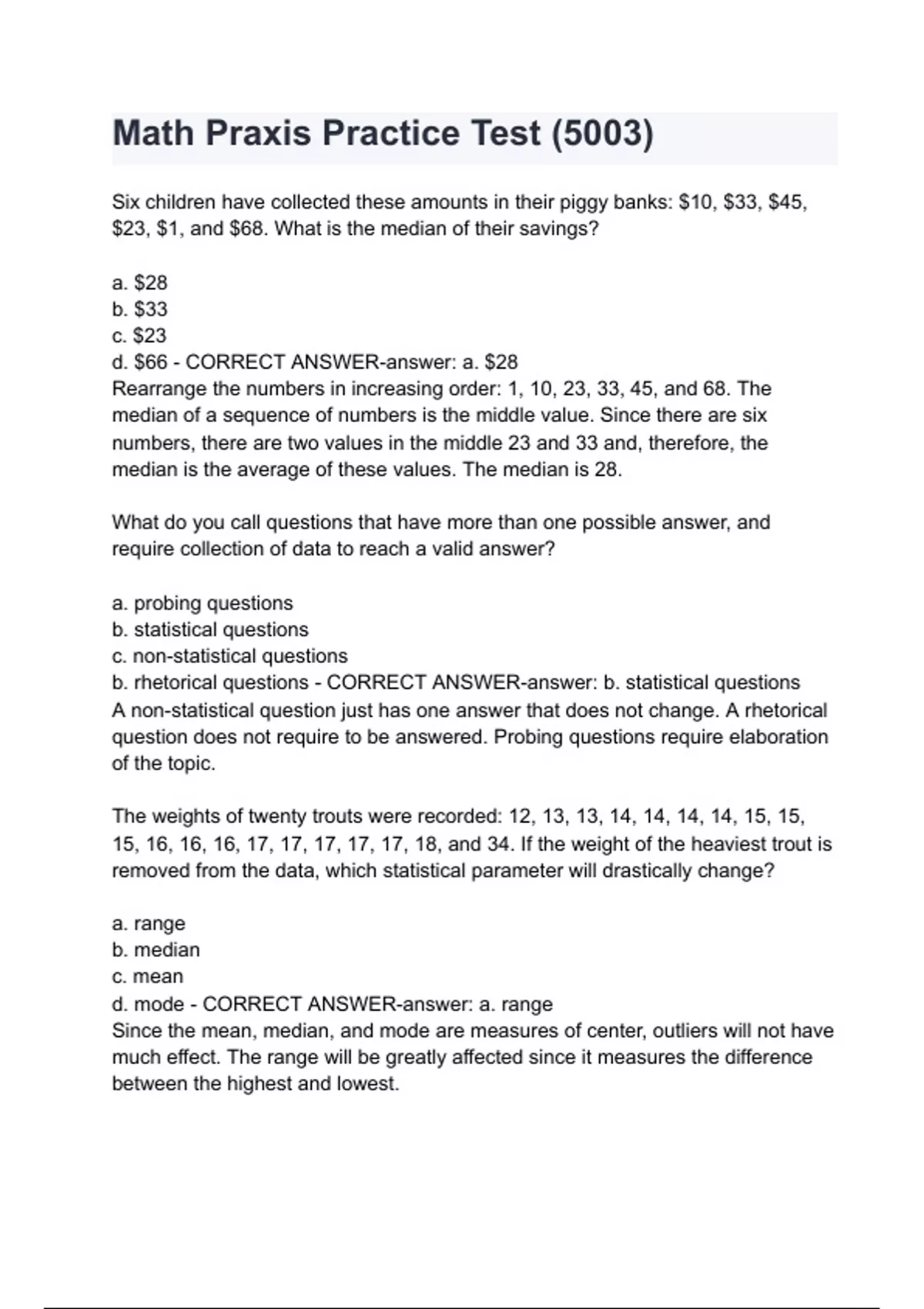 Math Praxis Practice Test (5003) questions and answers latest 2024 ...