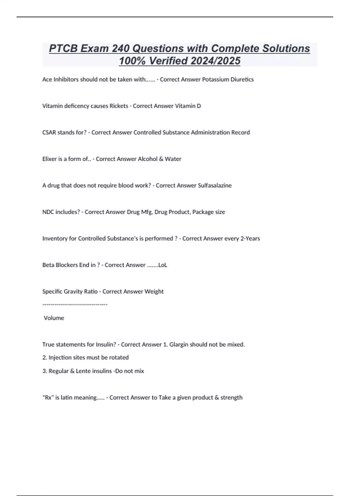 PTCB Exam 240 Questions with Complete Solutions 100% Verified 2024/2025 ...