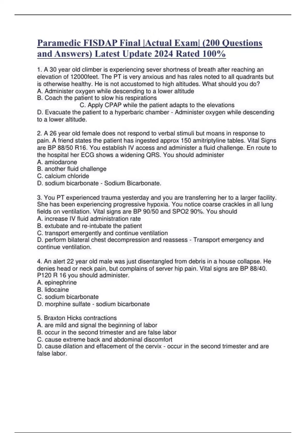 Paramedic FISDAP Final |Actual Exam| (200 Questions and Answers) Latest ...