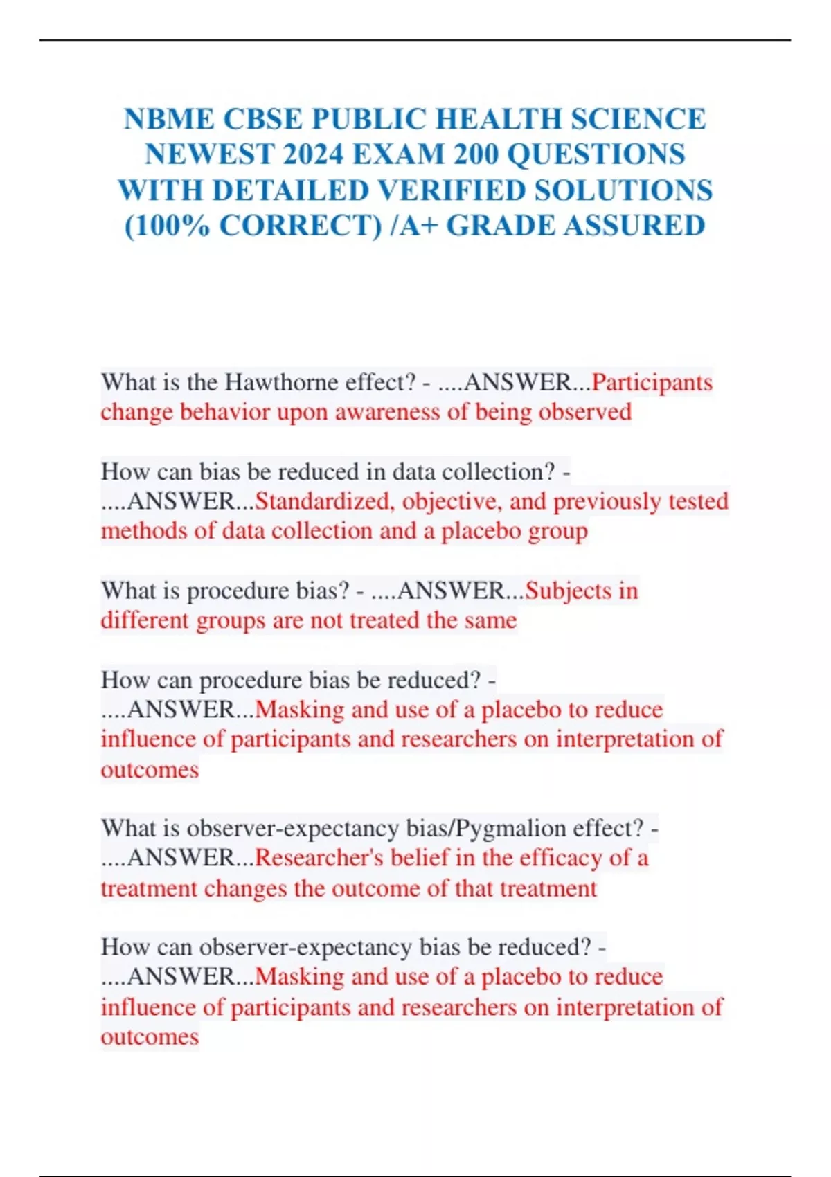 NBME CBSE PUBLIC HEALTH SCIENCE NEWEST 2024 EXAM 200 QUESTIONS WITH ...