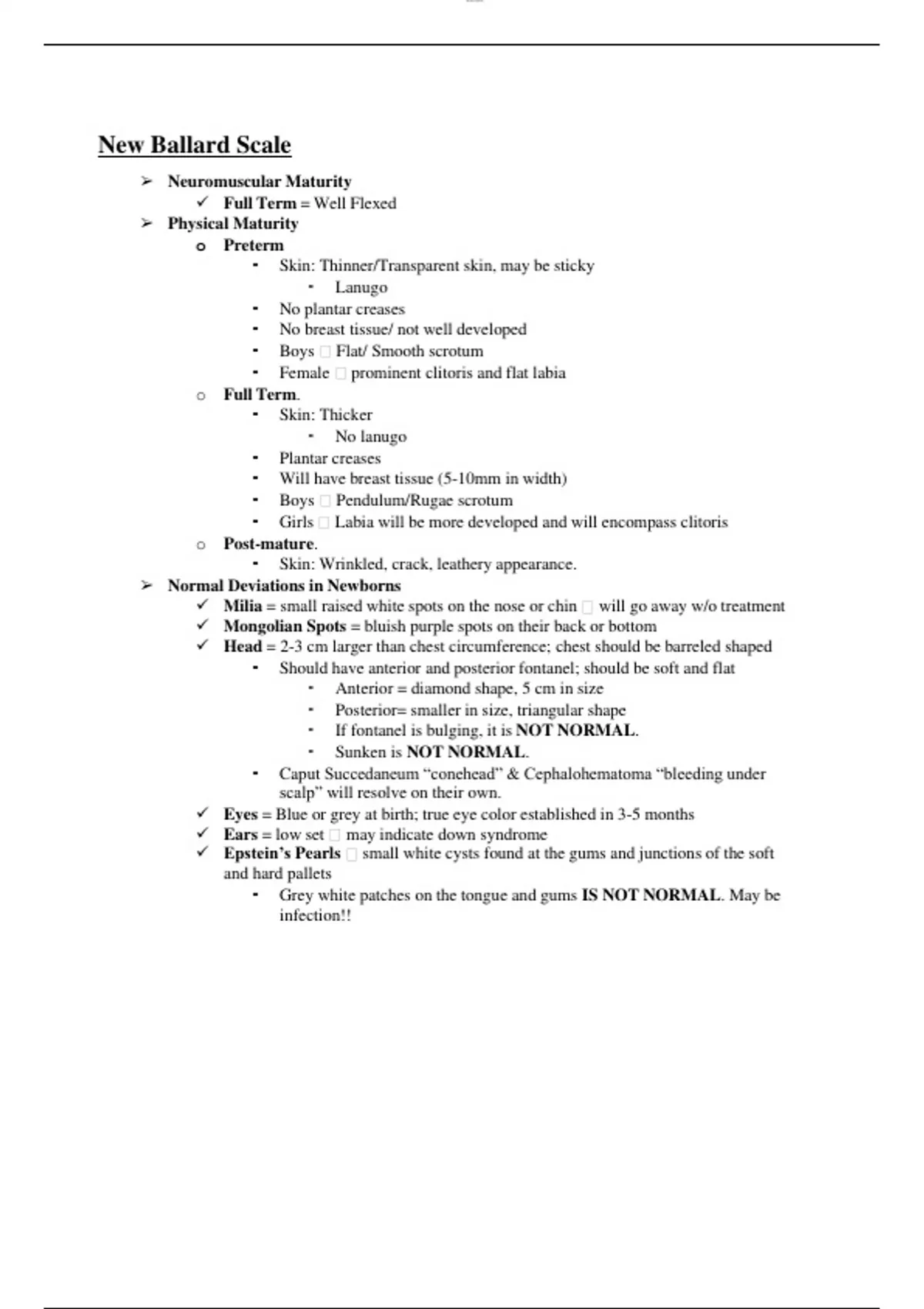 Summary New Ballard Scale - OB Maternal Newborn ATI - Stuvia US