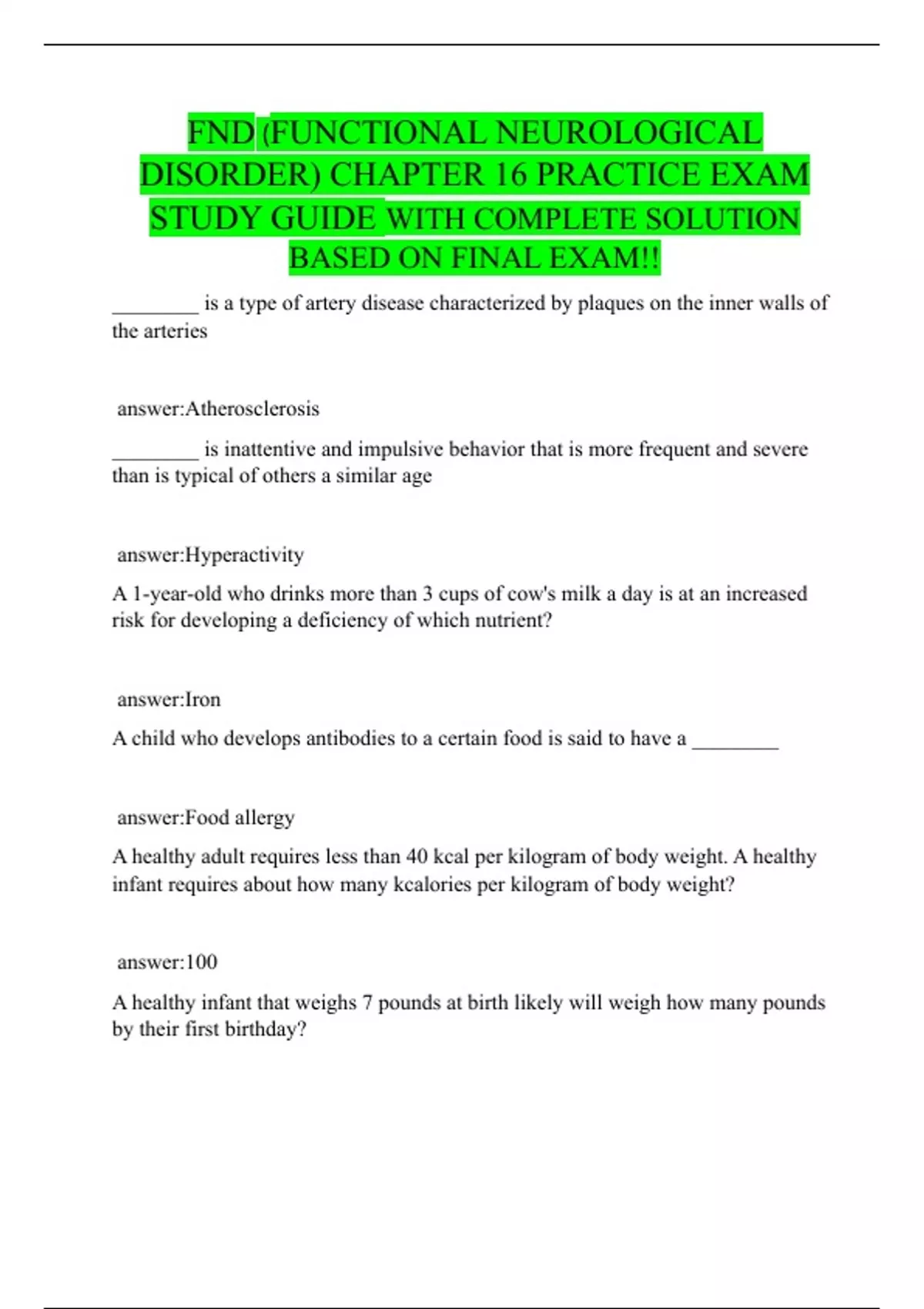 FND (FUNCTIONAL NEUROLOGICAL DISORDER) CHAPTER 16 PRACTICE EXAM STUDY GUIDE WITH COMPLETE ...