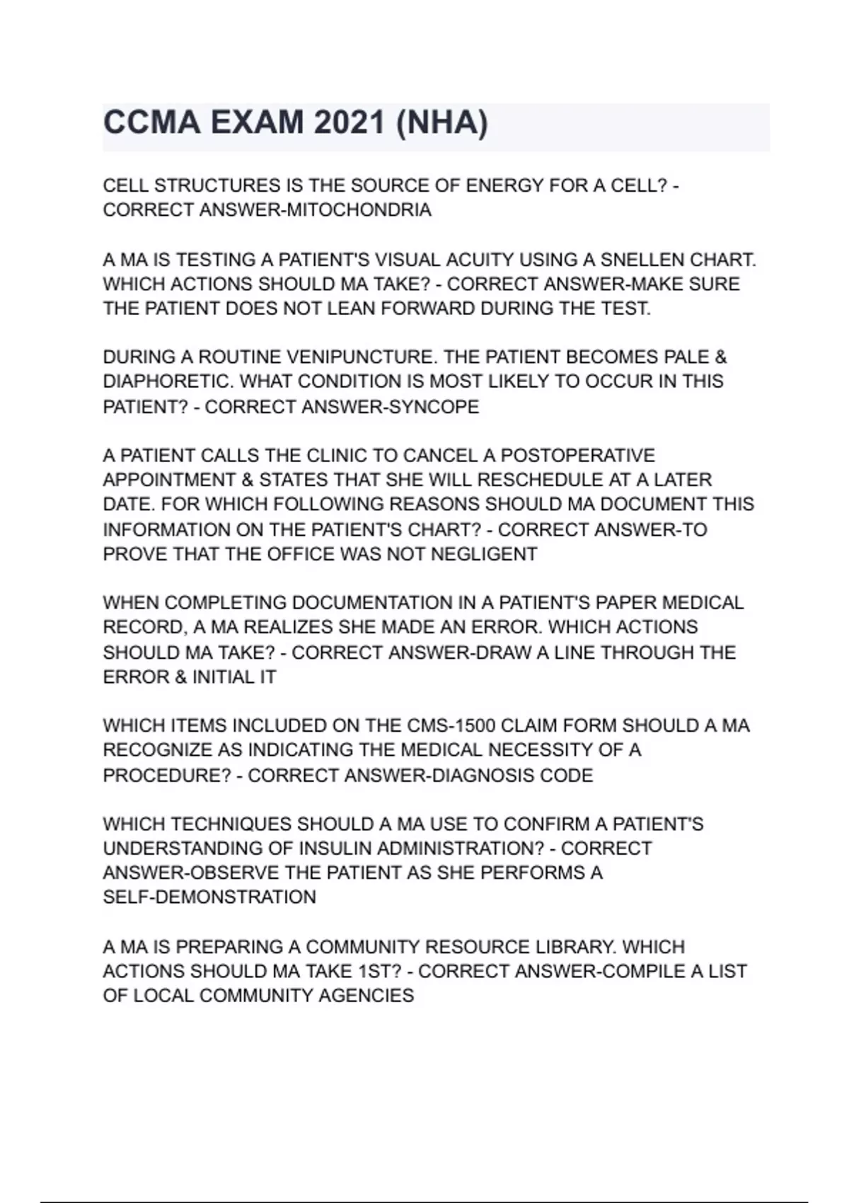 CCMA EXAM 2021 (NHA) questions and answers latest 2024 - CCMA EAM 2021 ...