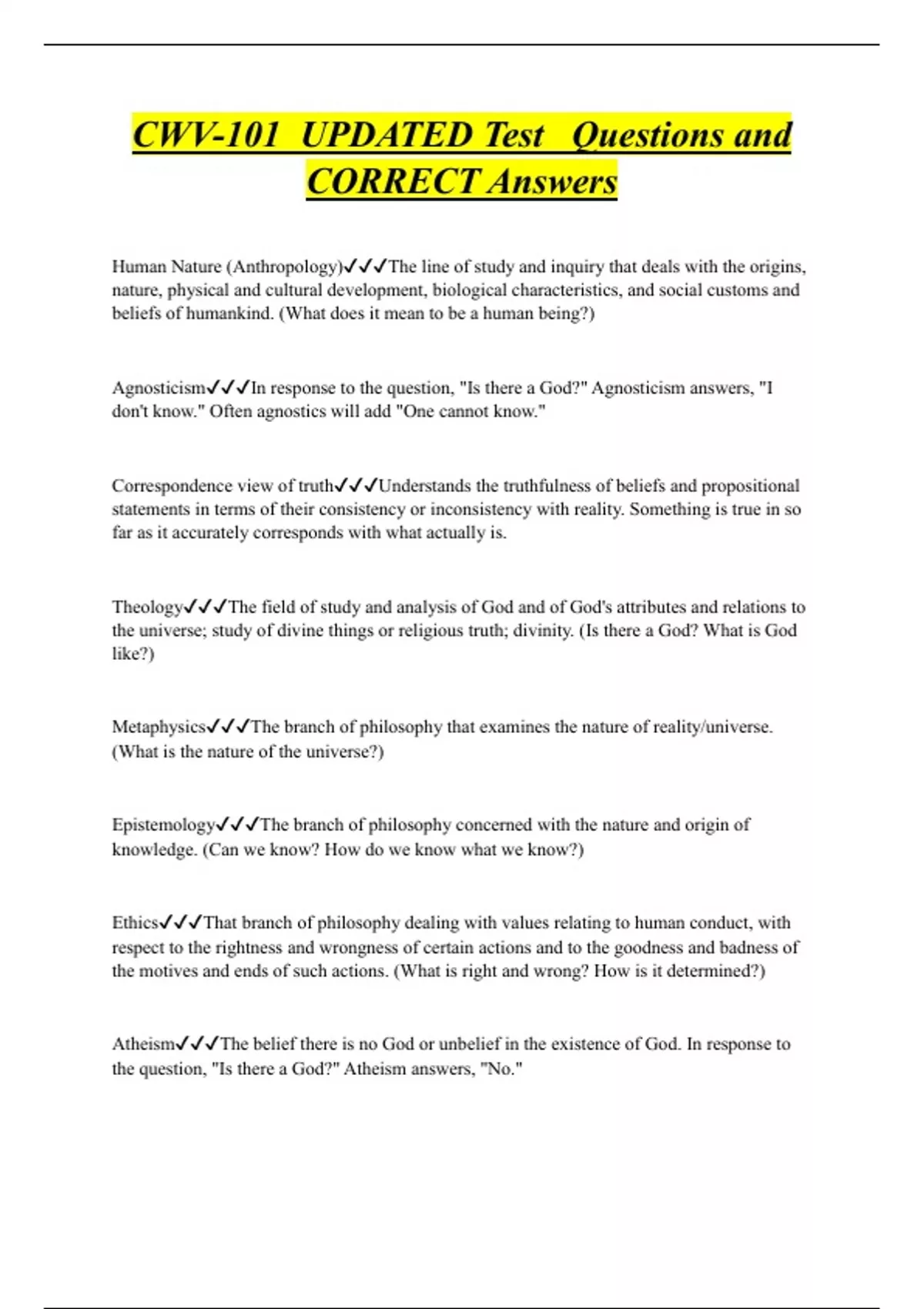 CWV-101 UPDATED Test Questions and CORRECT Answers - CWV-101 - Stuvia US