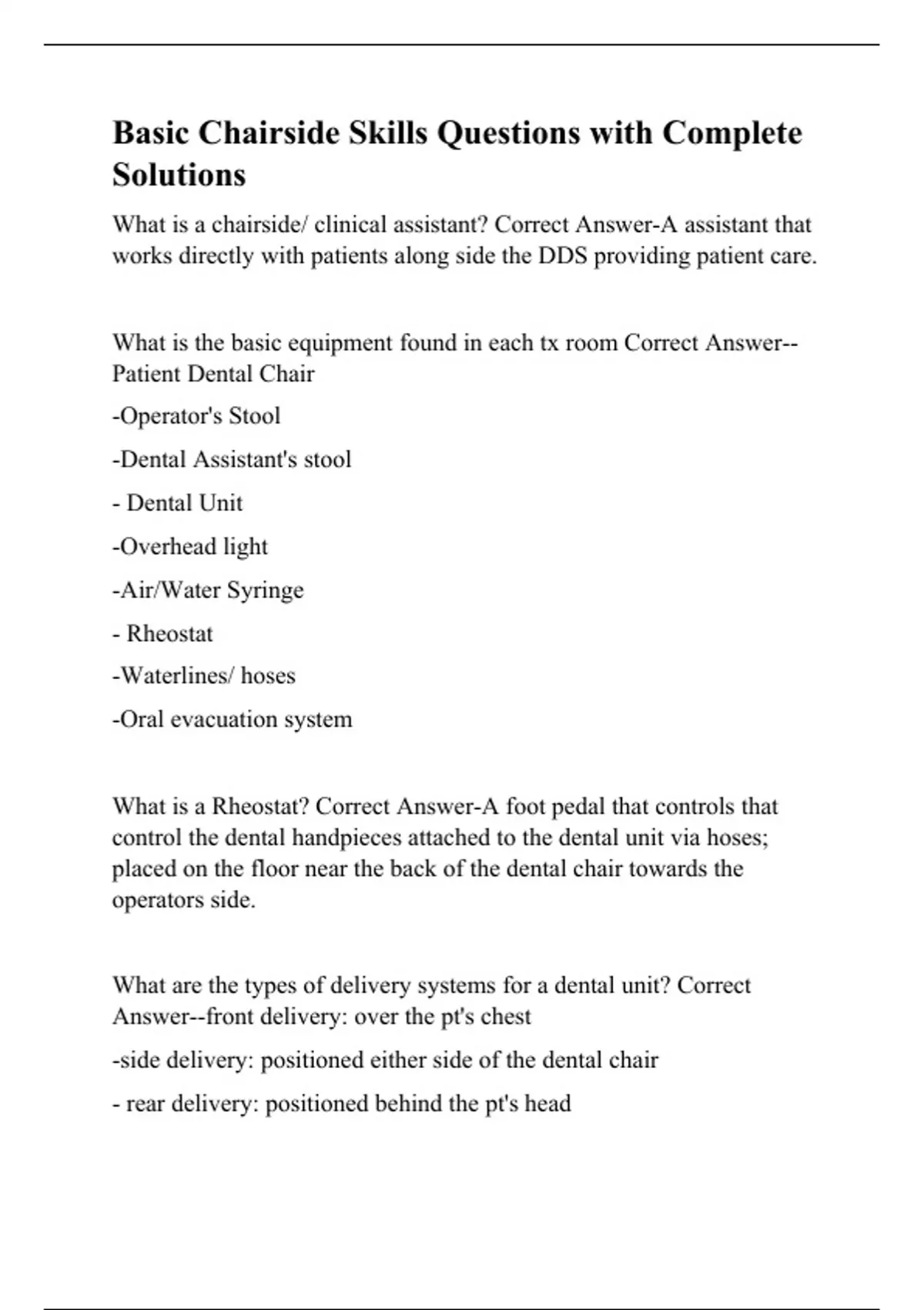 Basic Chairside Skills Questions with Complete Solutions - Chairside ...