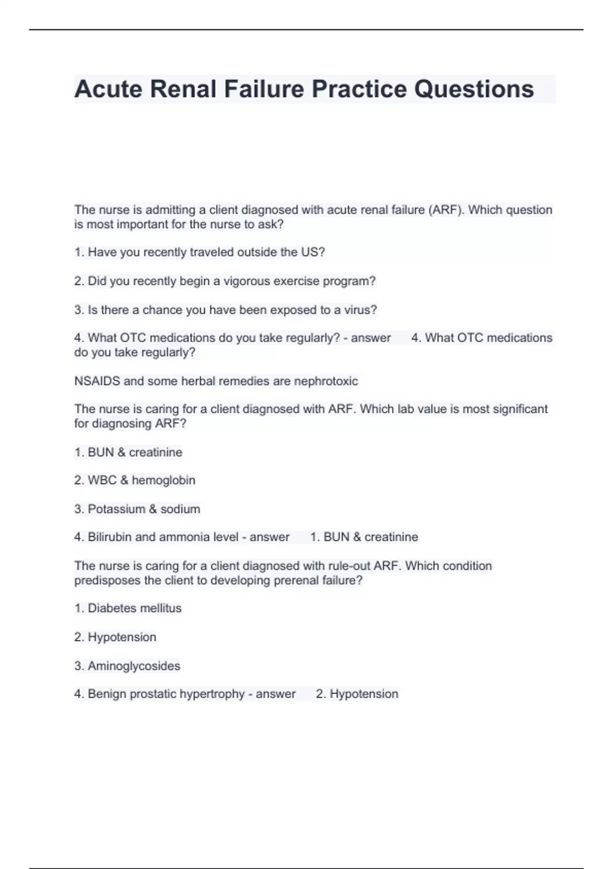 Acute Renal Failure Practice Questions with solutions Solutions 2024 ...