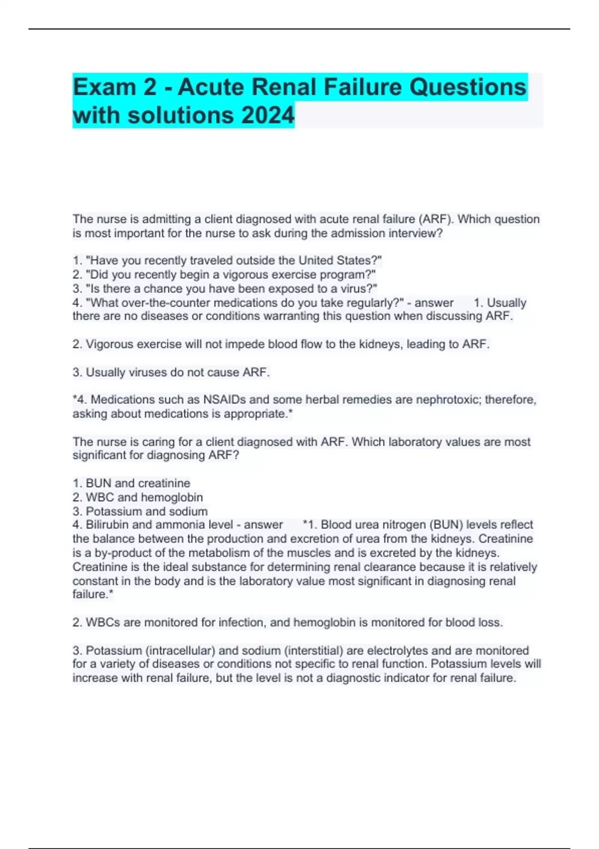 Exam 2 - Acute Renal Failure Questions with solutions 2024 - Arf ...