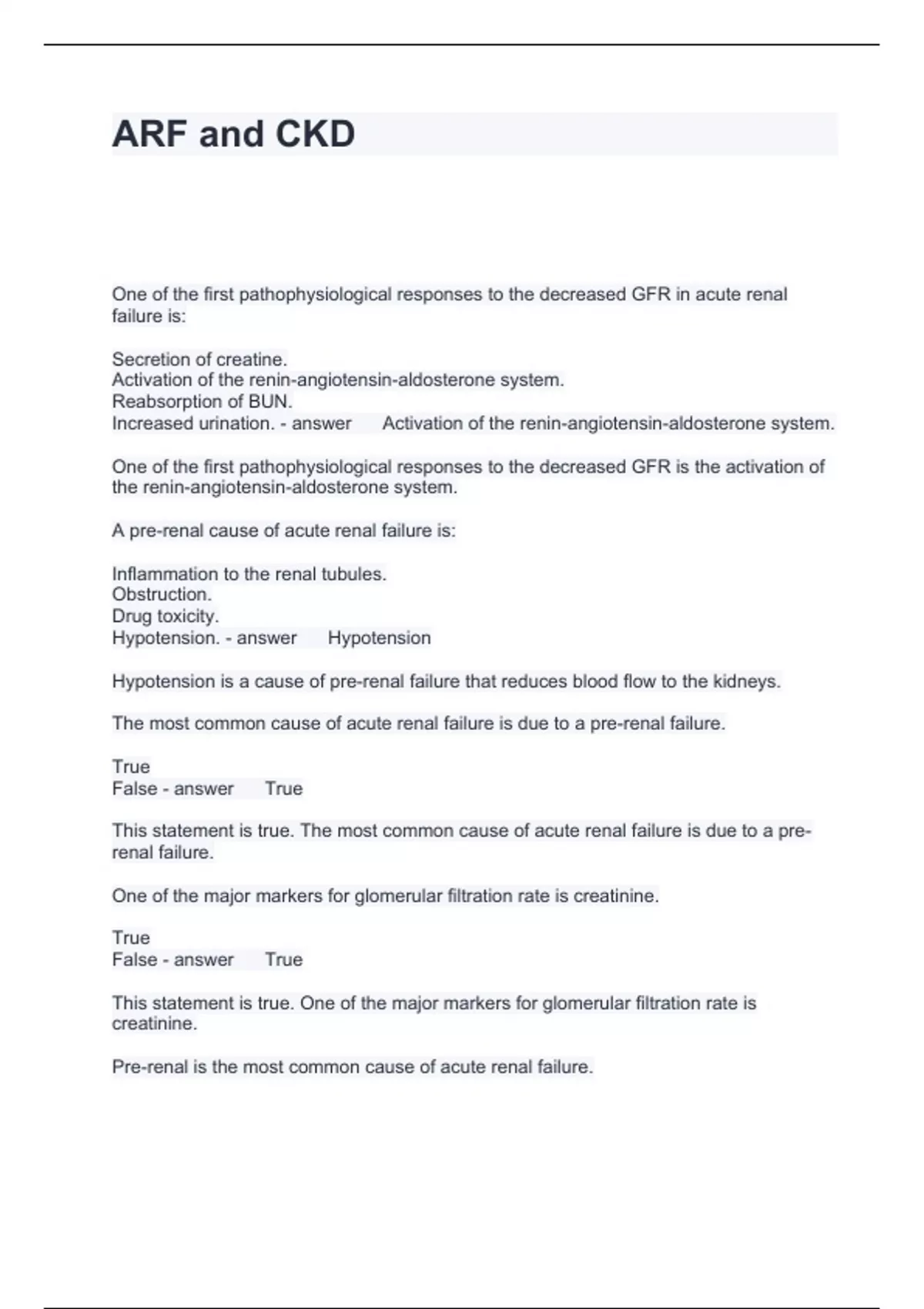 ARF and CKD Questions with solutions 2024 - Arf - Stuvia US