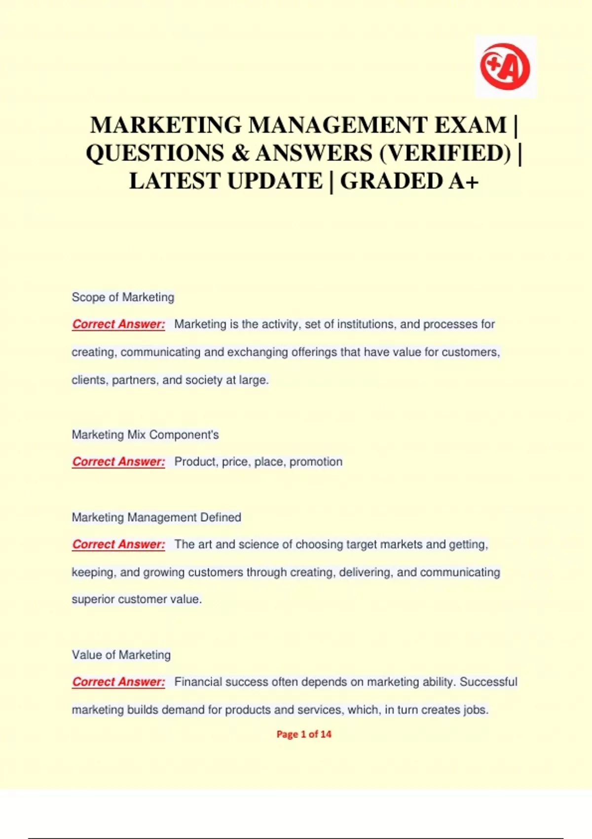 MARKETING MANAGEMENT EXAM | QUESTIONS & ANSWERS (VERIFIED) | LATEST ...
