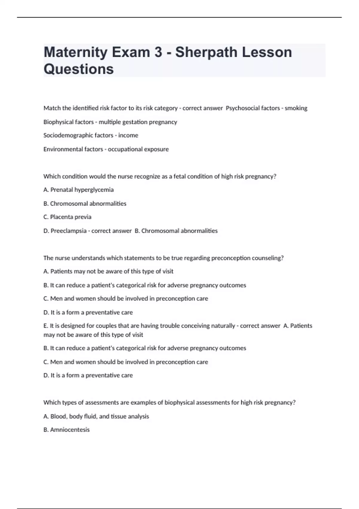 Maternity Exam 3 - Sherpath Lesson Questions with answers graded A+ 2024 - Maternity - Stuvia US