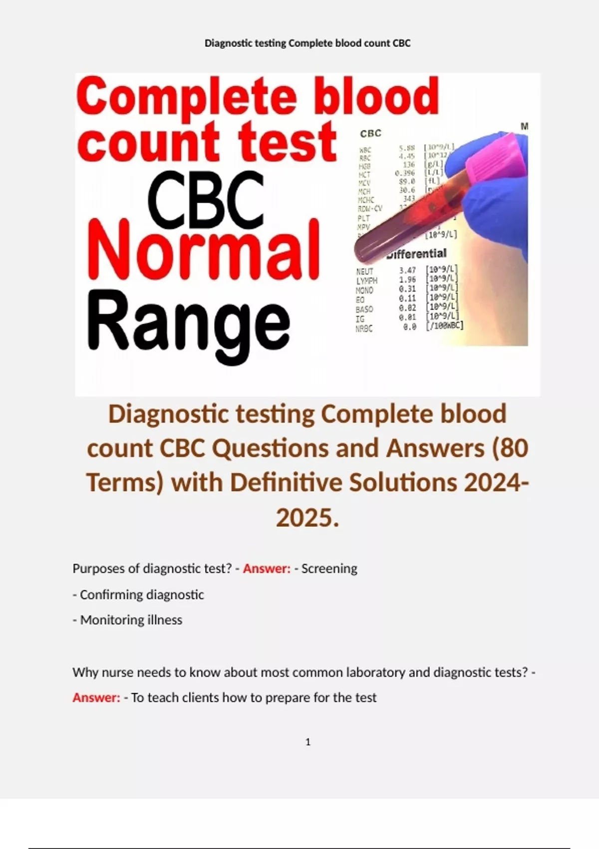 Diagnostic testing Complete blood count CBC Questions and Answers (80 ...
