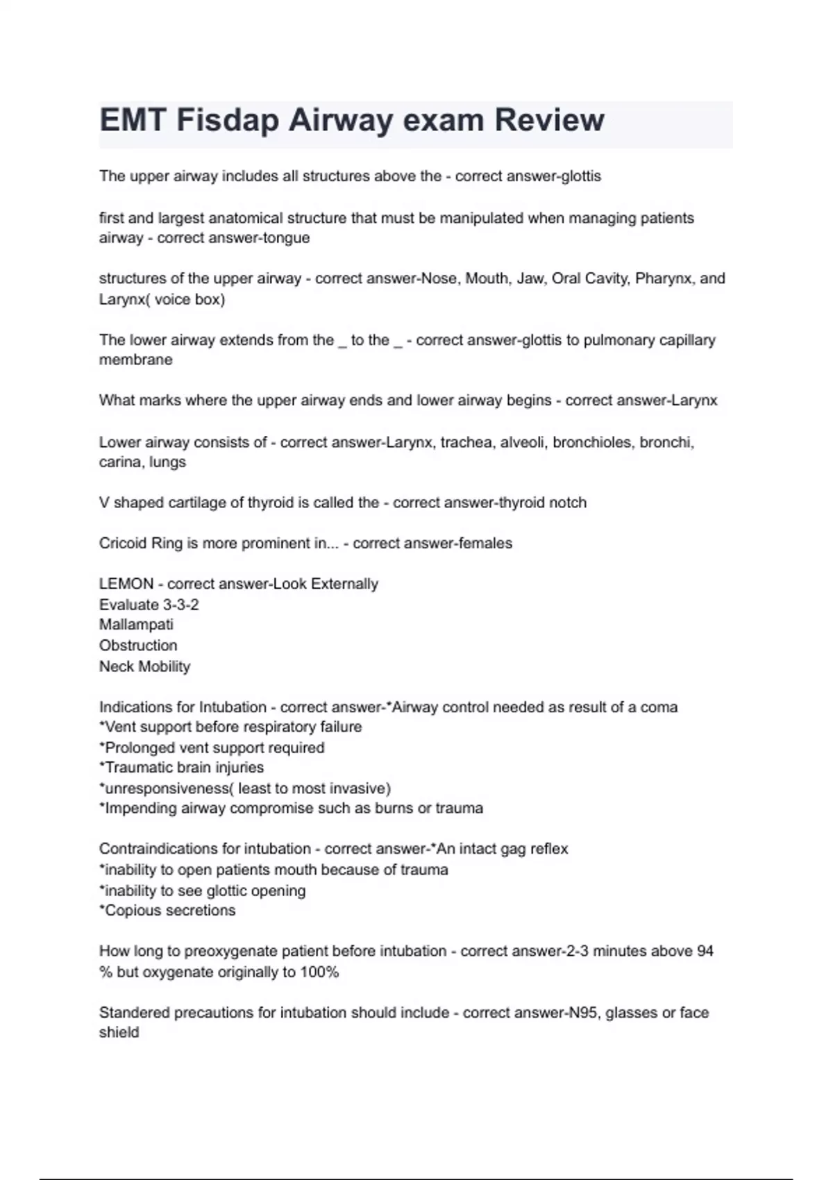 EMT Fisdap Airway exam Review questions and answers latest 2024 - EMT ...