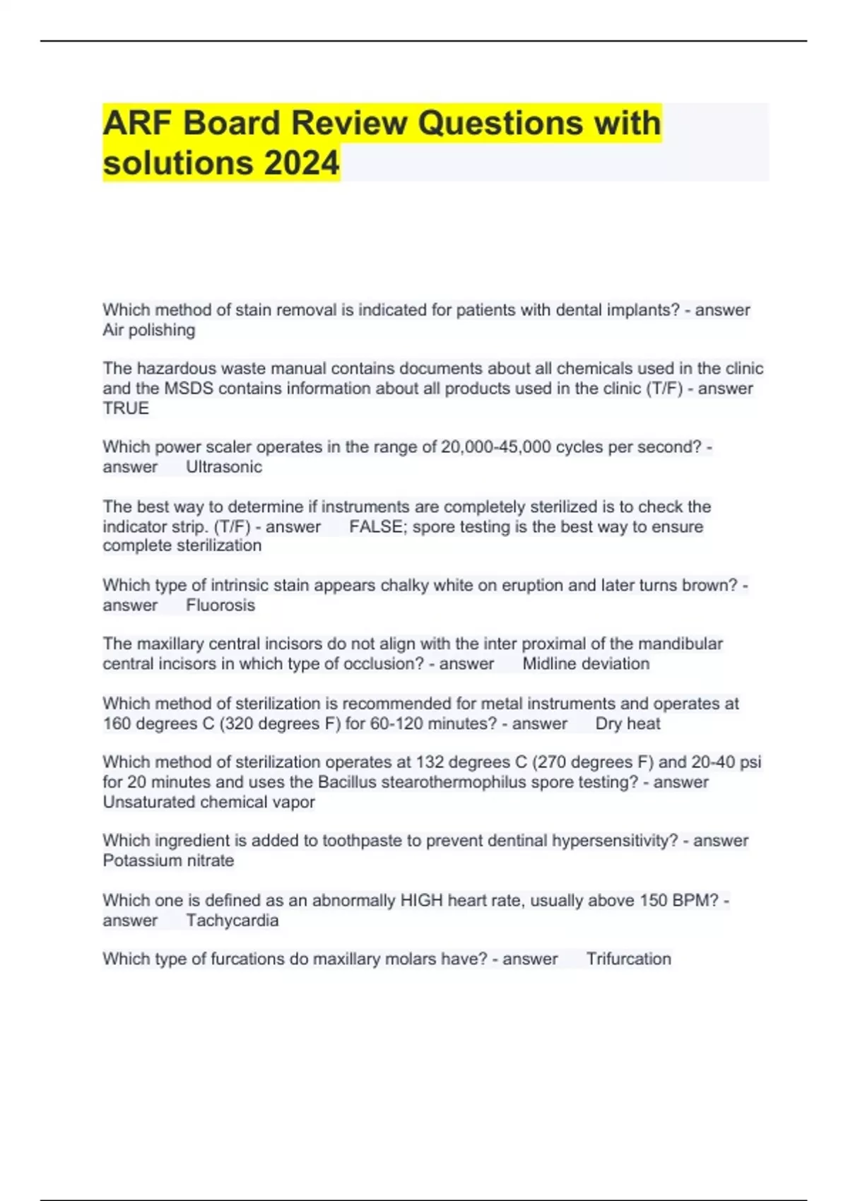 ARF Board Review Questions with solutions 2024 - Arf - Stuvia US