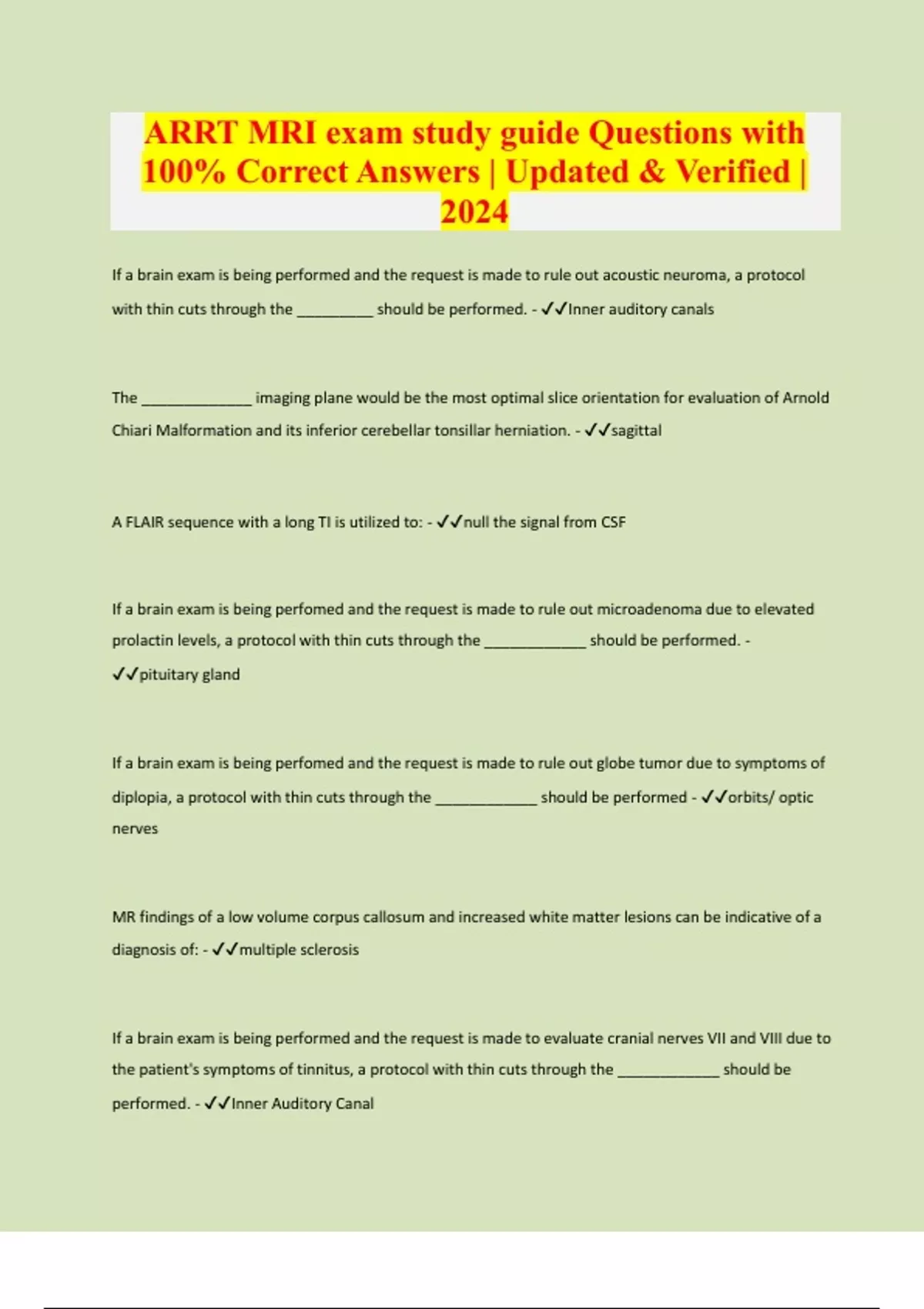 ARRT MRI exam study guide Questions with 100% Correct Answers | Updated & Verified | 2024 - ARRT ...