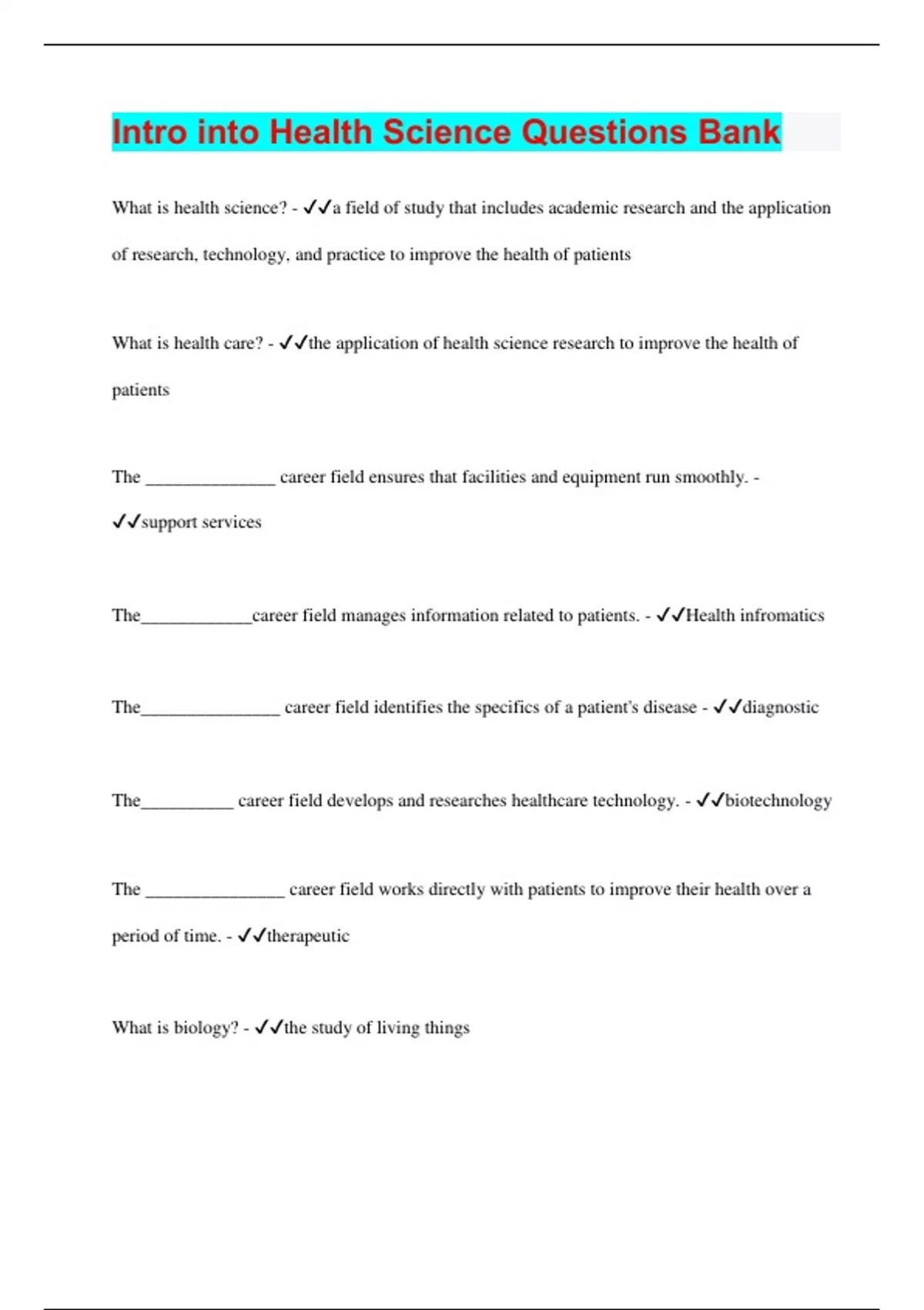 Intro into Health Science Questions Bank - Intro into Health Science ...