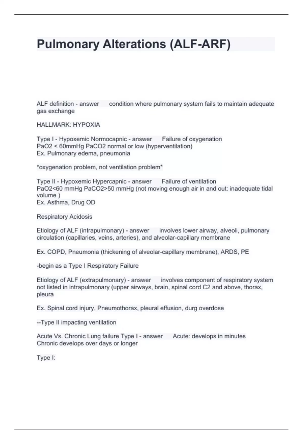 Pulmonary Alterations (ALF-ARF) Questions and Answers 2024 - Arf ...