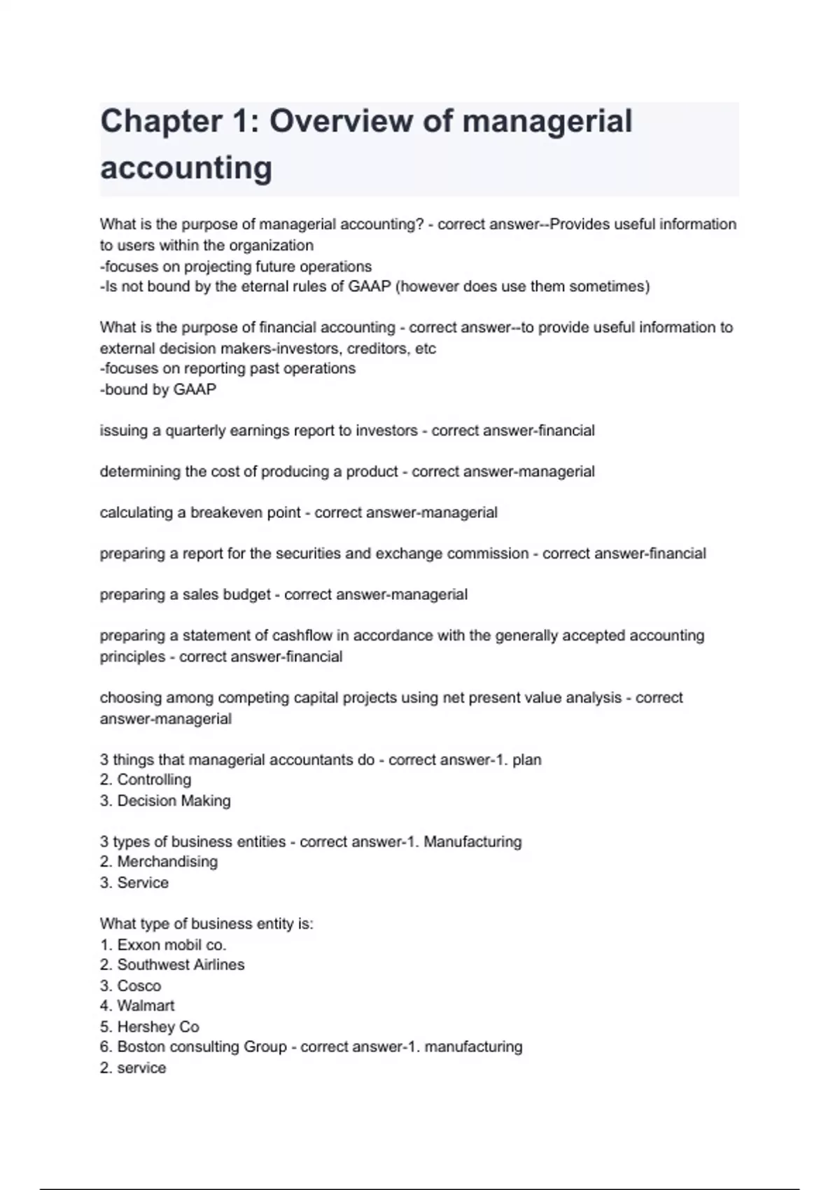 Chapter 1 Managerial Accounting: An Overview - Stuvia US