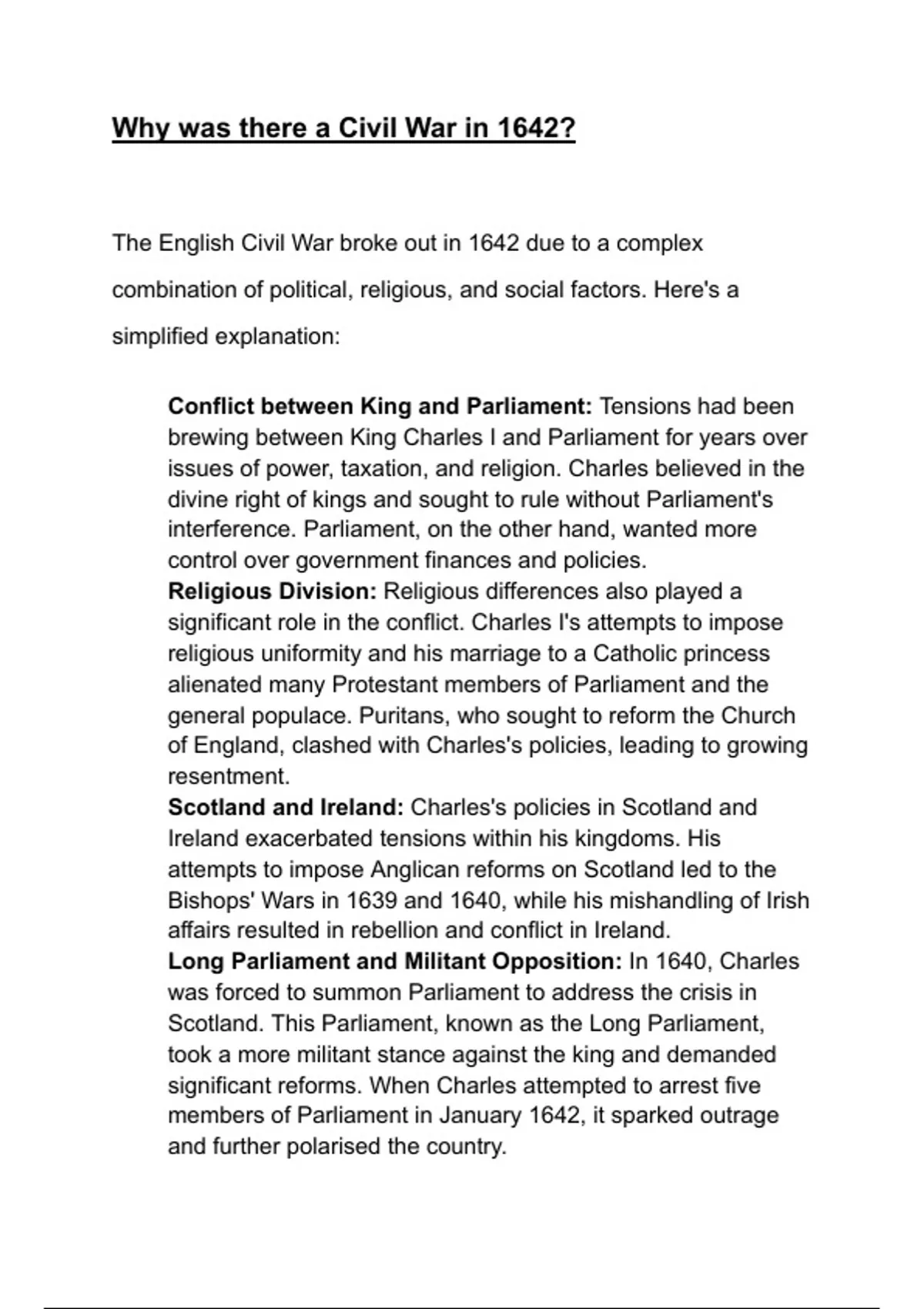 Summary Why was there a Civil War in 1642? - History - Stuvia UK