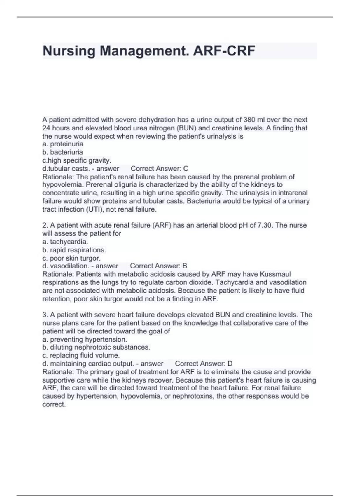 Nursing Management. ARF-CRF Questions with solutions 2024 - Arf - Stuvia US