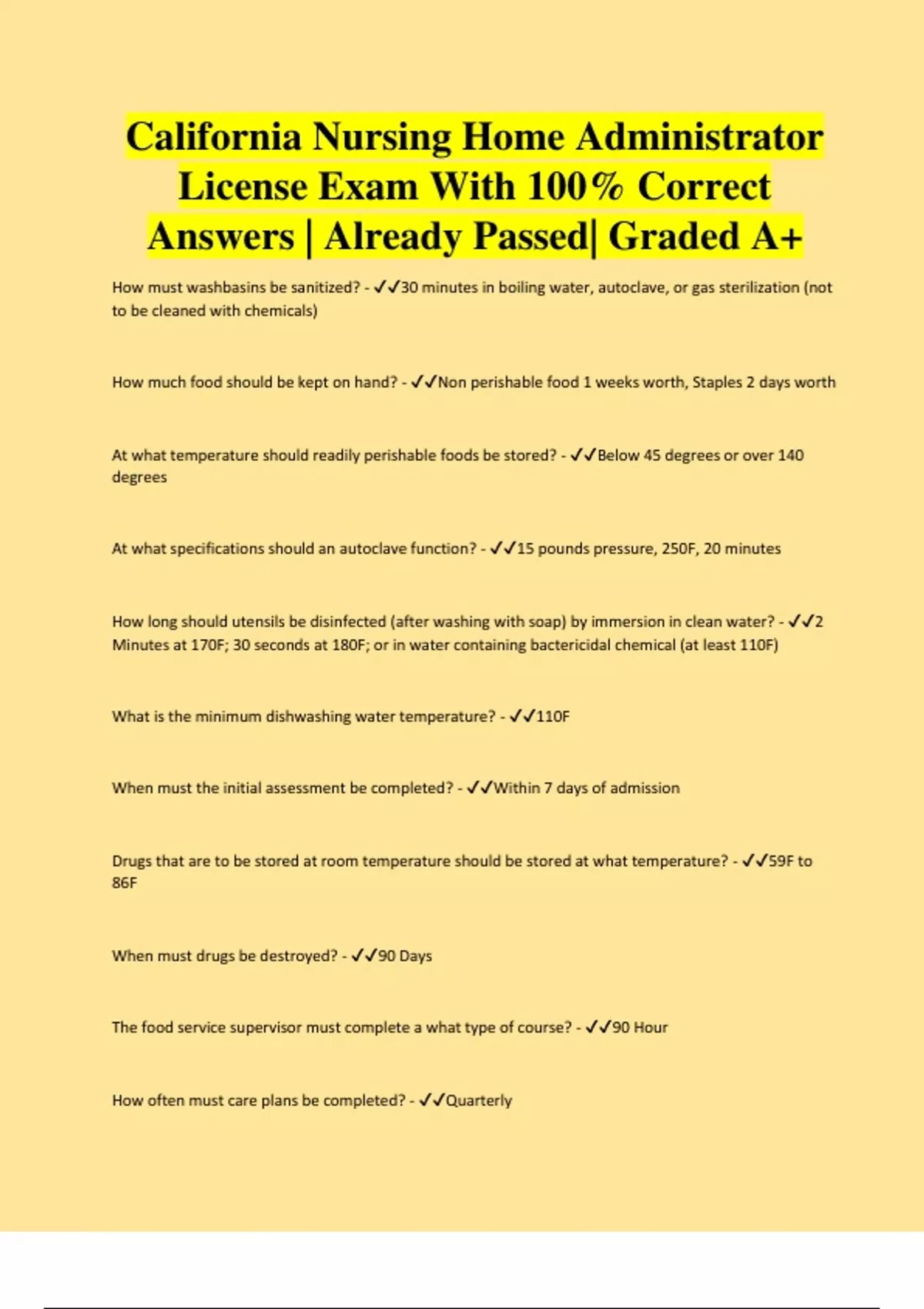 California Nursing Home Administrator License Exam With 100% Correct ...