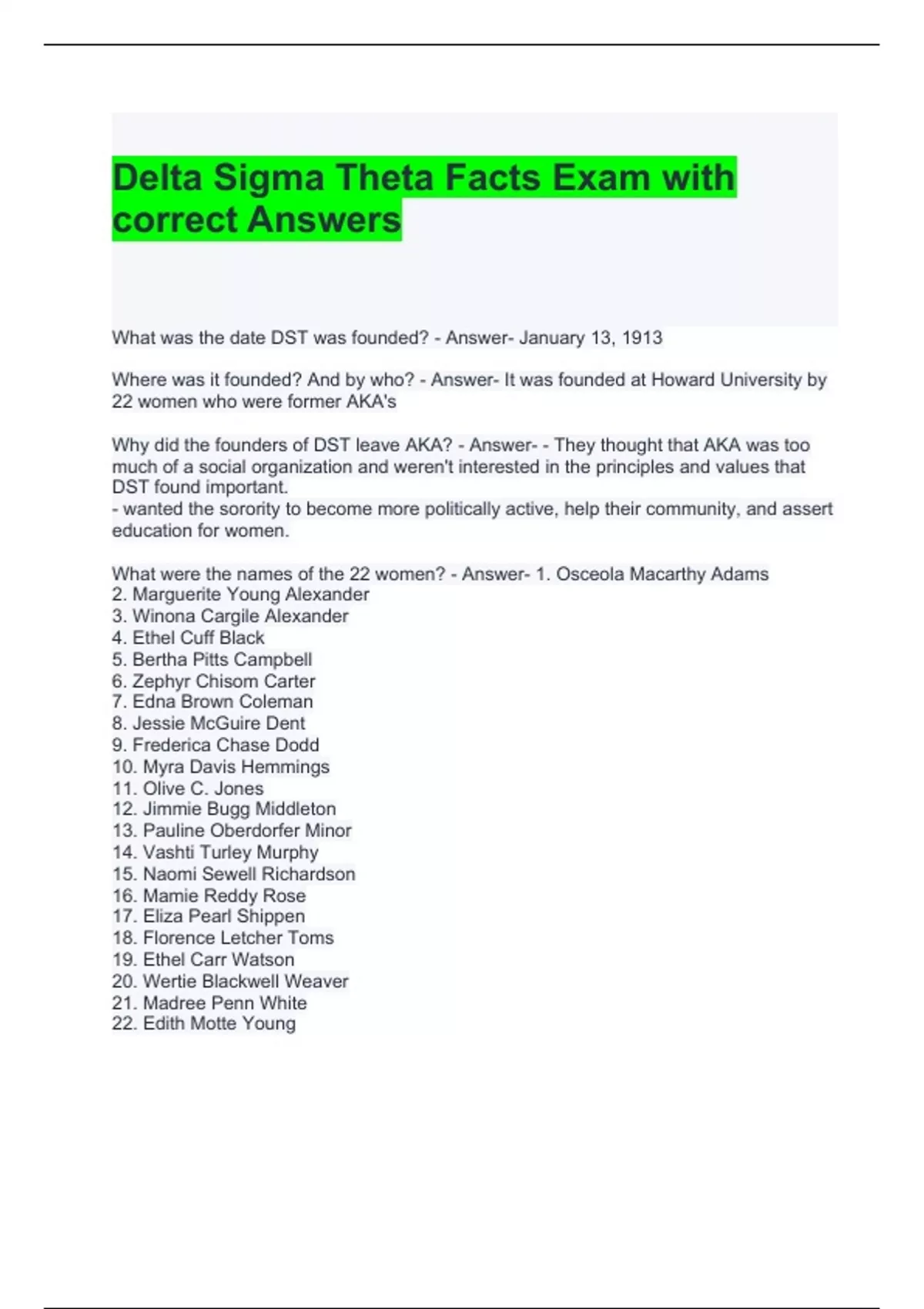 Delta Sigma Theta Facts Exam with correct Answers 100% - Delta Sigma ...