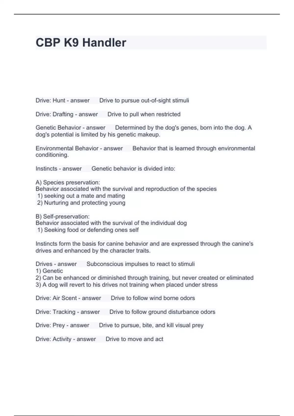 CBP K9 Handler Questions with correct Answers 2024 - CBP - Stuvia US