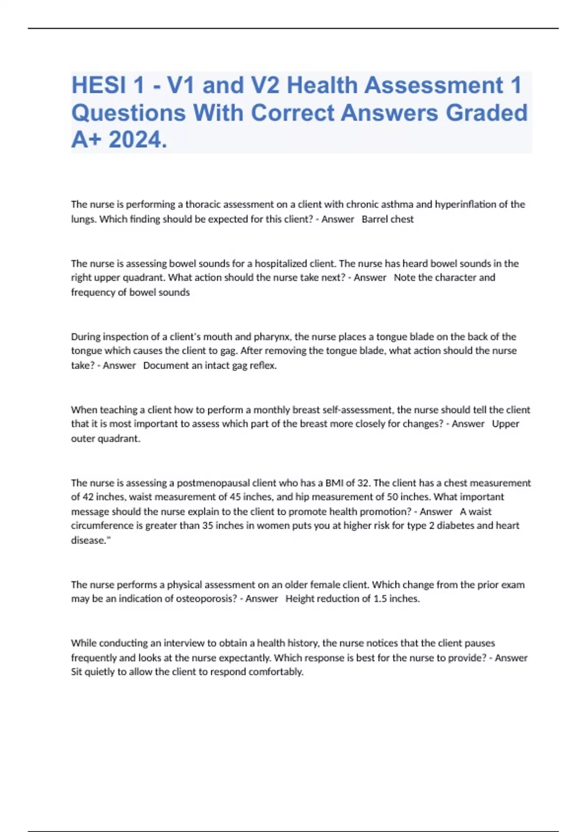 HESI 1 - V1 and V2 Health Assessment 1 Questions With Correct Answers ...