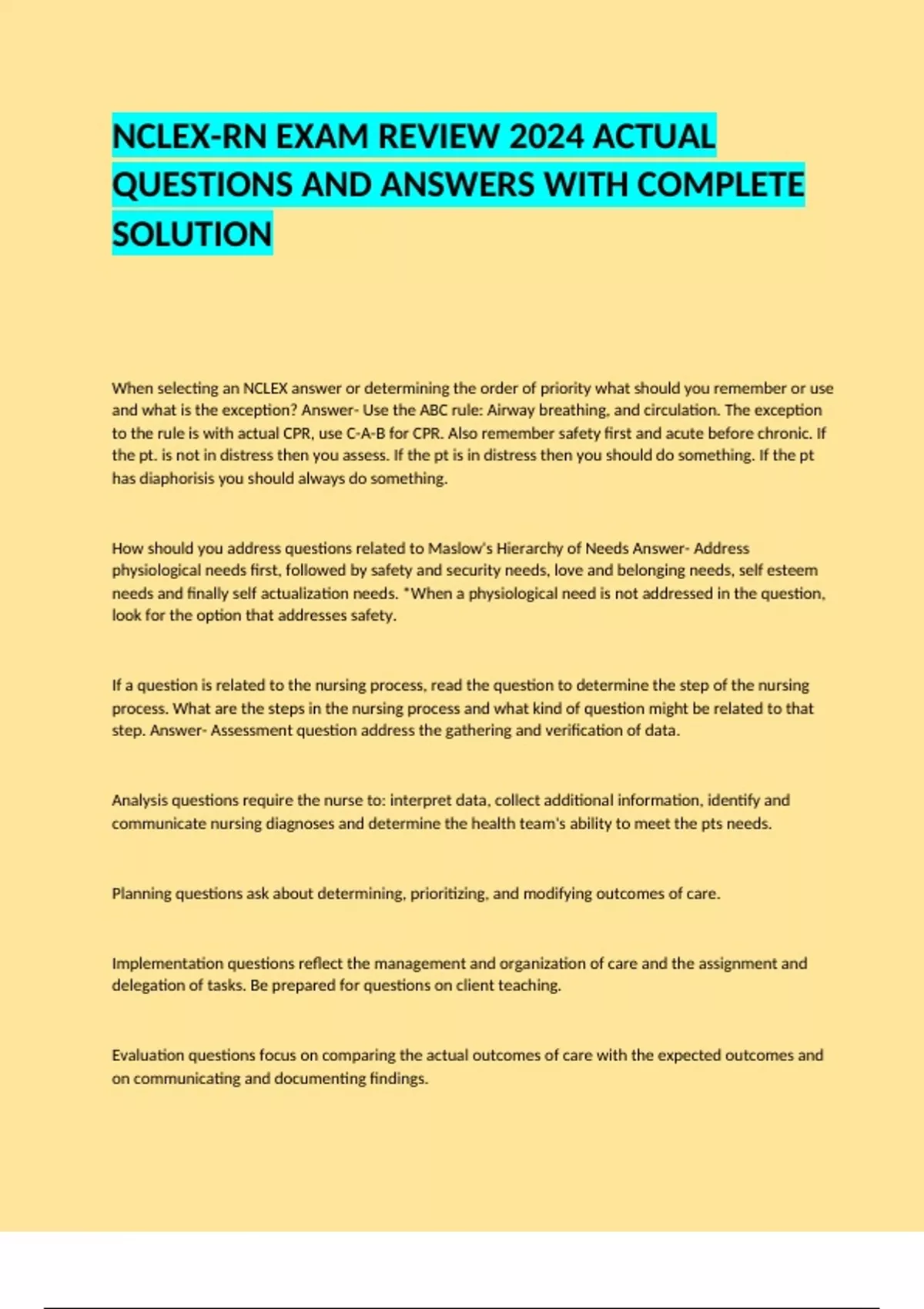 NCLEX-RN EXAM REVIEW 2024 ACTUAL QUESTIONS AND ANSWERS WITH COMPLETE ...