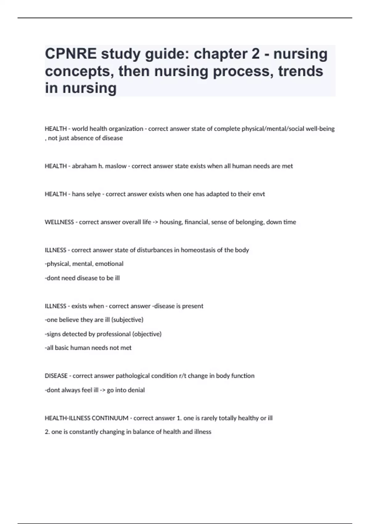 CPNRE study guide: chapter 2 - nursing concepts, then nursing process ...