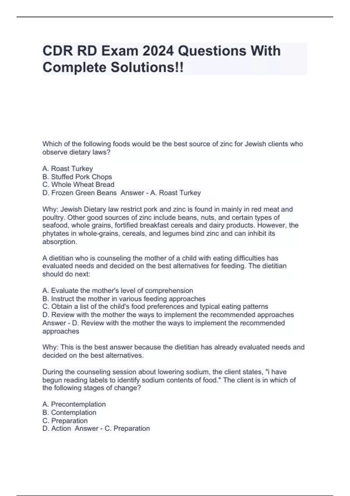 CDR RD Exam 2024 Questions With Complete Solutions!! - CDR RD - Stuvia SA