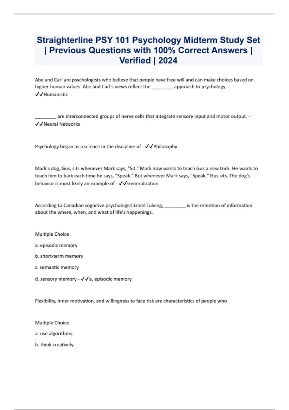 Straighterline PSY 101 Psychology Midterm Study Set | Previous Questions with 100% Correct ...