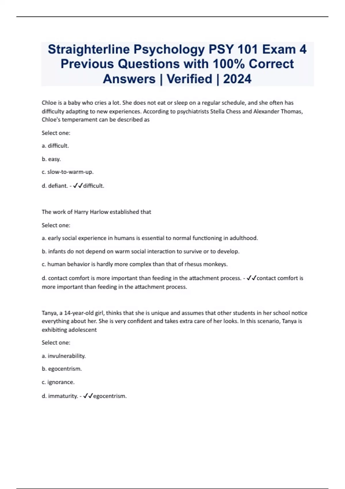 Straighterline Psychology PSY 101 Exam 4 Previous Questions with 100% ...