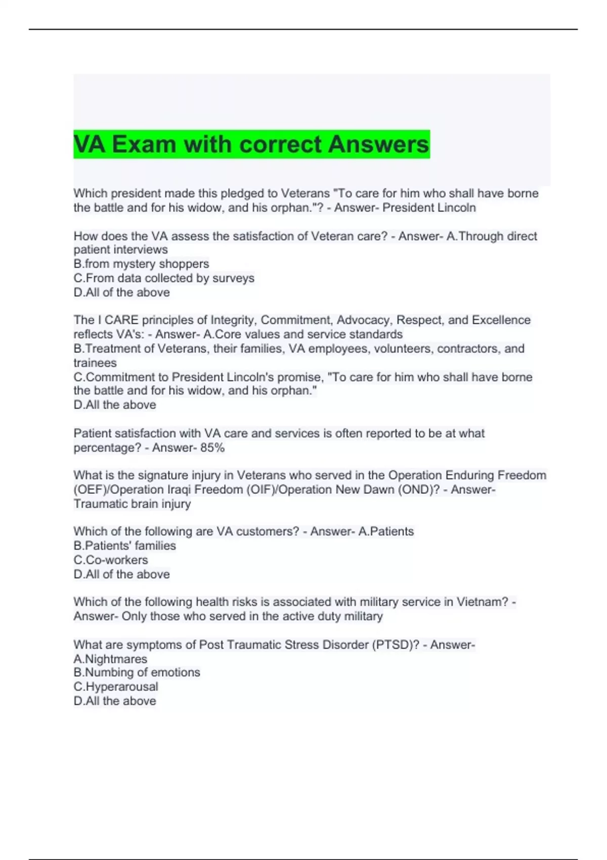 VA Exam with correct Answers 2024(Graded A) - Veteran Service Officer ...