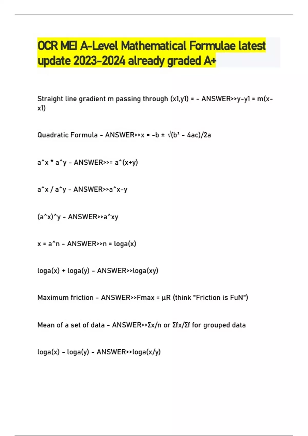 OCR MEI A-Level Mathematical Formulae latest update already graded A+ ...