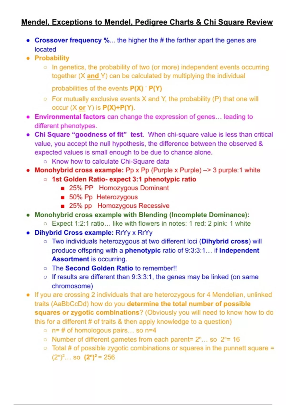 Summary Mendel, Exceptions to Mendel, Pedigree Charts & Chi Square ...