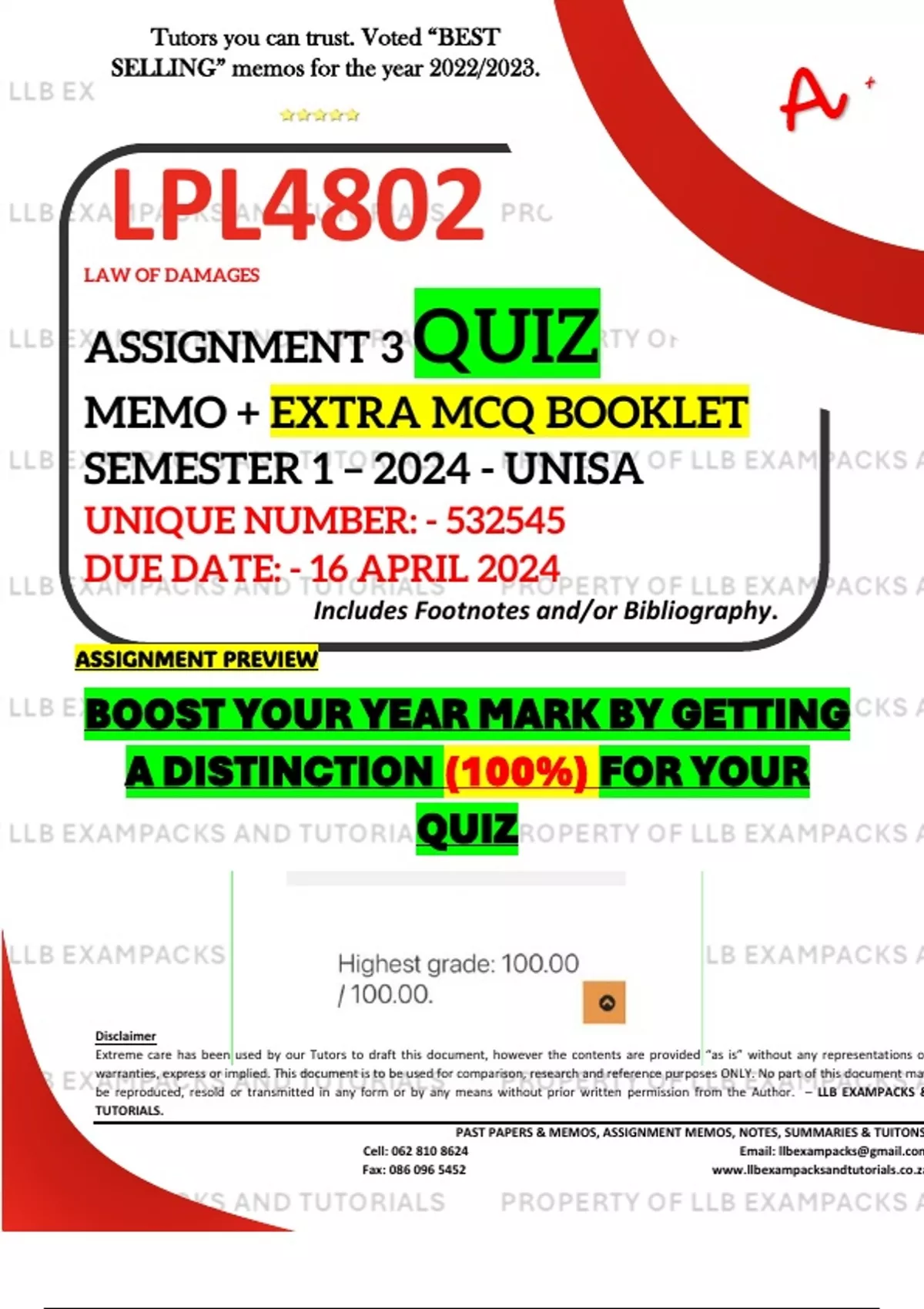 LPL4802 ASSIGNMENT 3 QUIZ MEMO SEMESTER 1 2024 UNISA DUE 16 LPL4802 ASSIGNMENT 3 QUIZ MEMO SEMESTER 1 2024 UNISA DUE 16