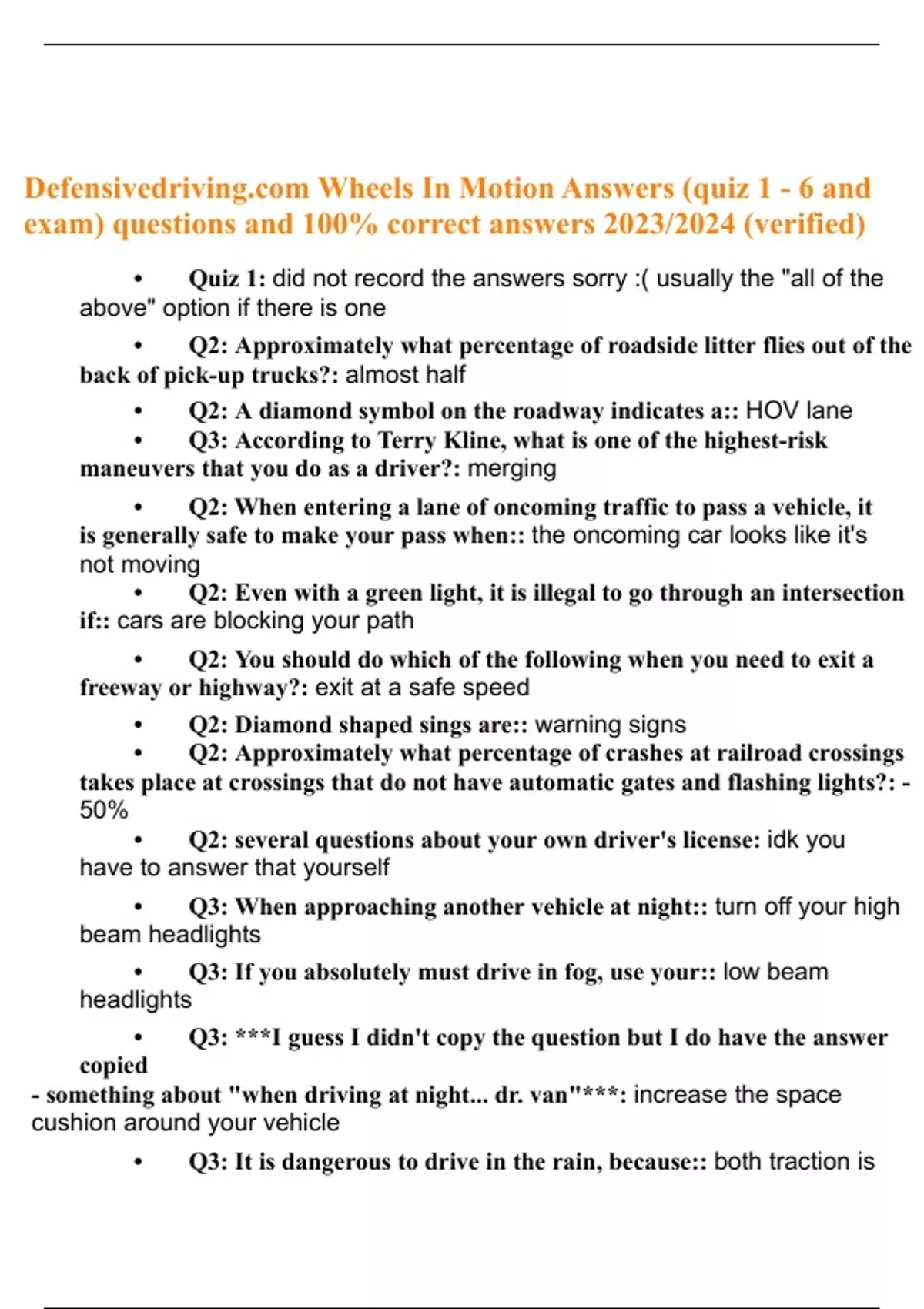 Defensivedriving.com Wheels In Motion Answers (quiz 1 - 6 and exam ...