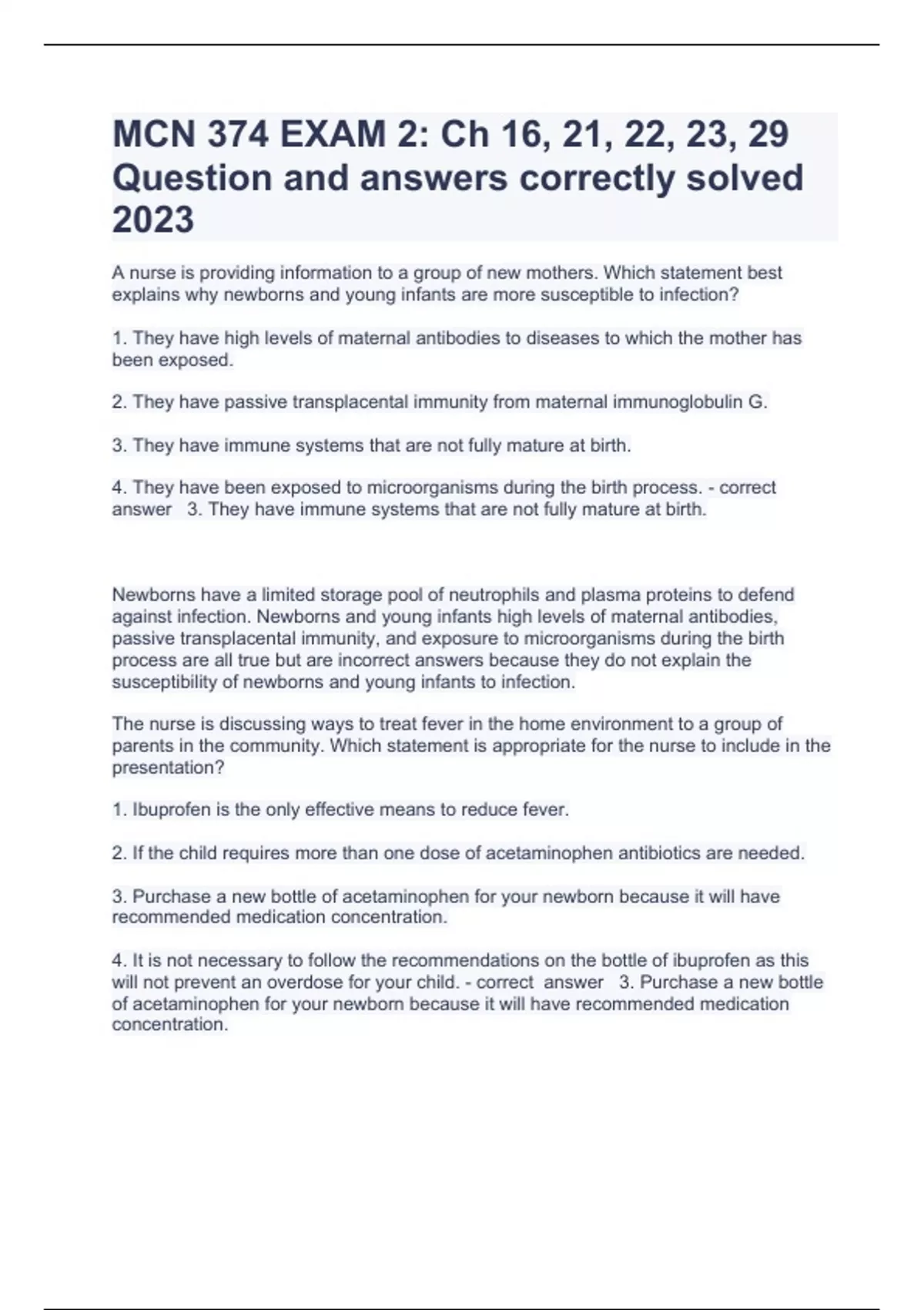 MCN 374 EXAM 2 Question and answers already passed 2024 - MCN 374 ...