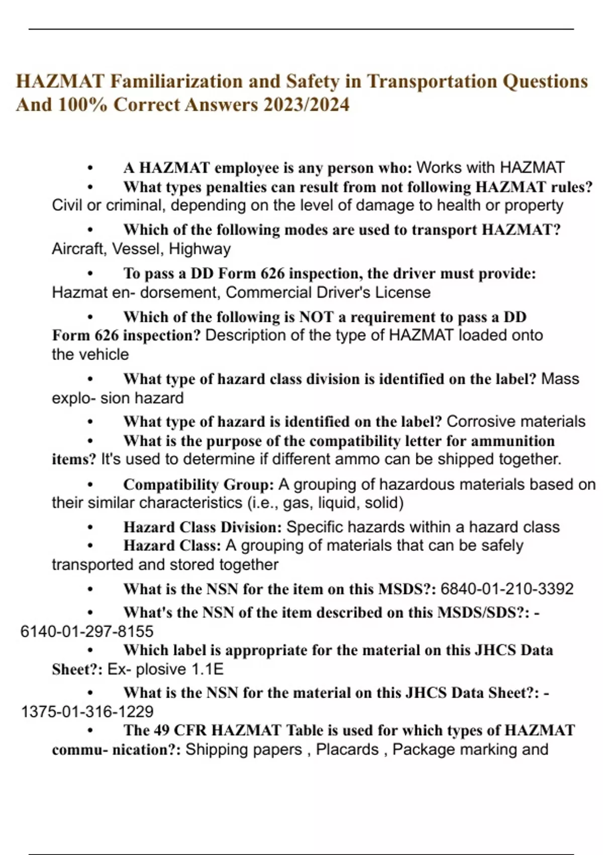 HAZMAT Familiarization and Safety in Transportation 2023/2024 Questions ...