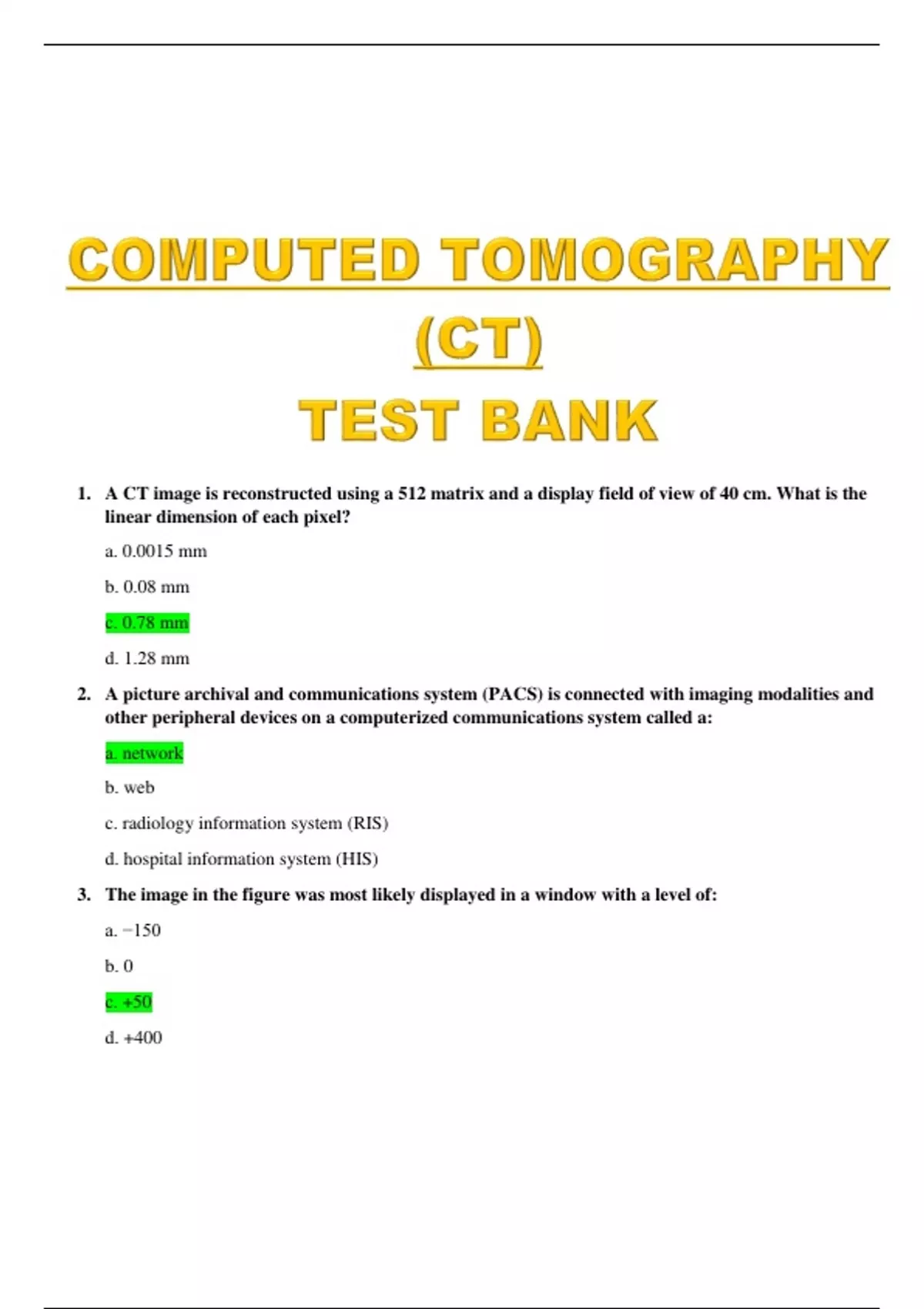 COMPUTED TOMOGRAPHY (CT) TEST BANK - COMPUTED TOMOGRAPHY - Stuvia US
