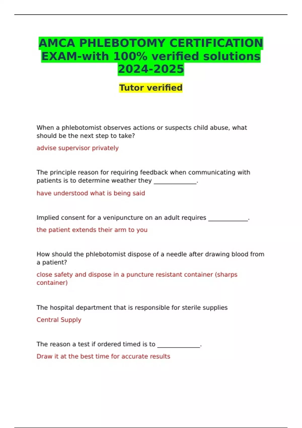 AMCA PHLEBOTOMY CERTIFICATION EXAM-with 100% verified solutions - AMCA ...