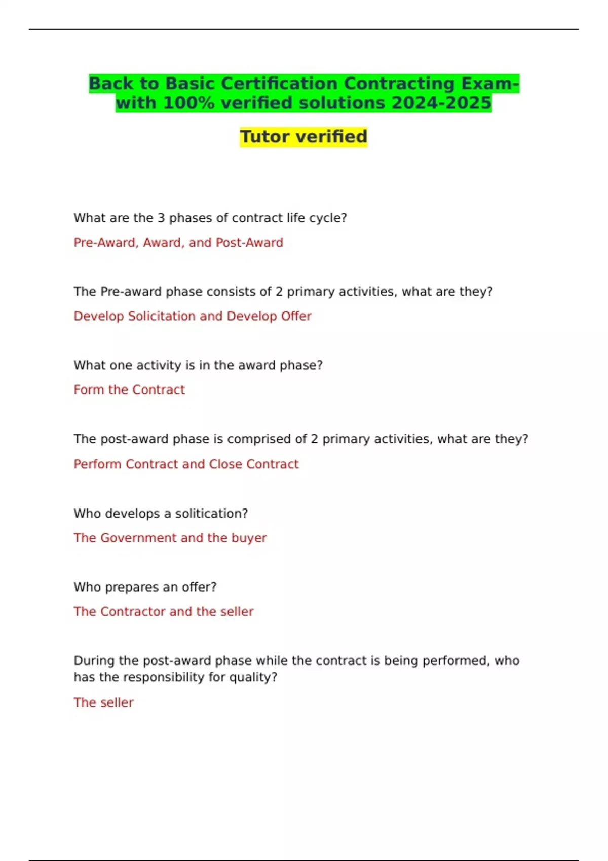 Back to Basic Certification Contracting Exam-with 100% verified ...