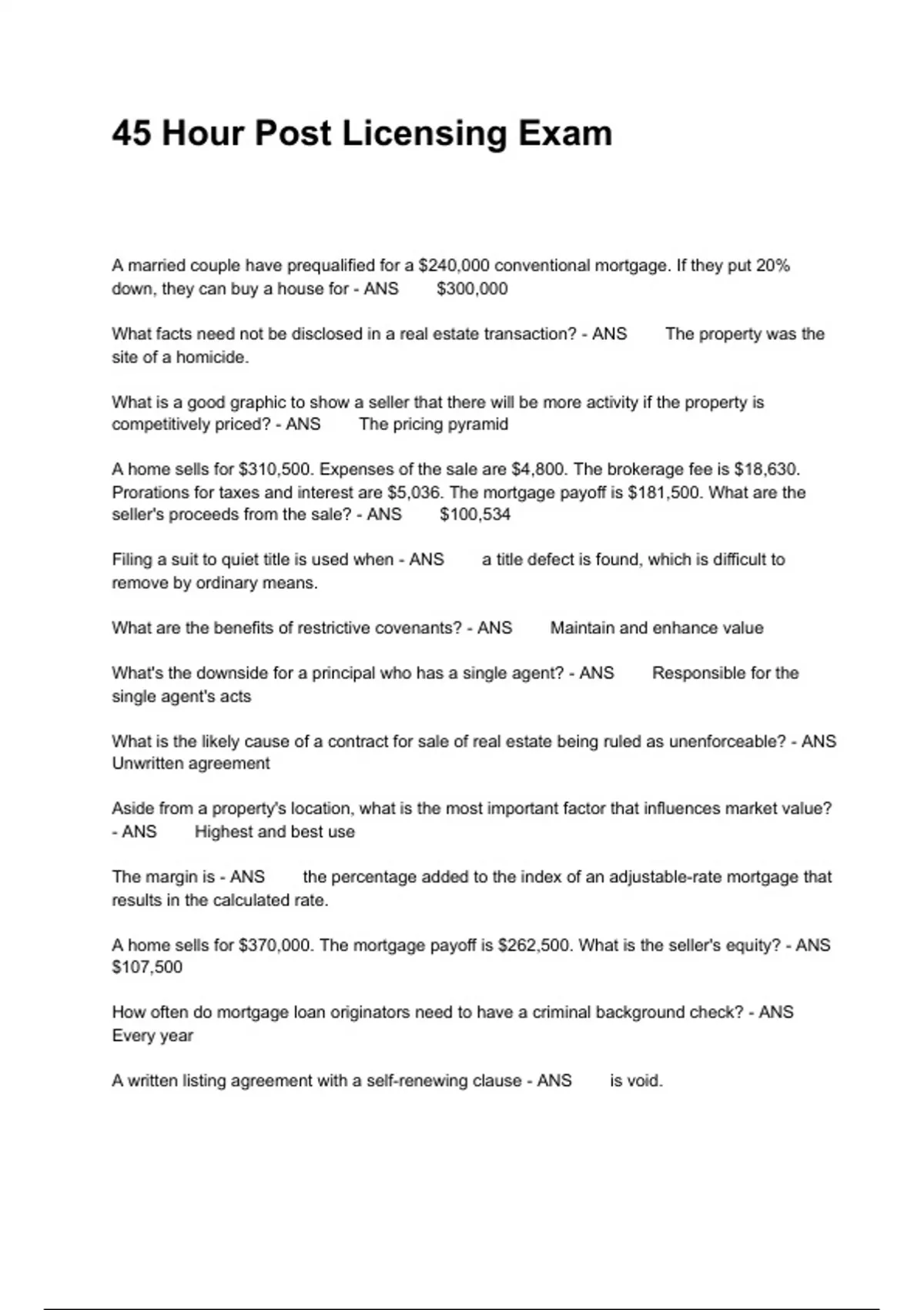 45 Hour Post Licensing Exam Questions Rated 100% With Correct Solutions ...